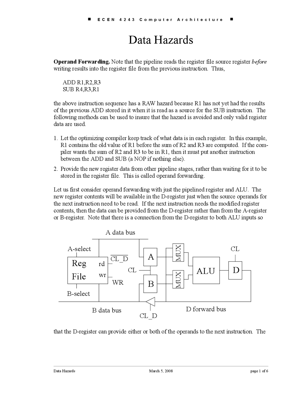 Data Hazards - Computer Architecture - Lecture Notes | ECEN 4243 - Docsity