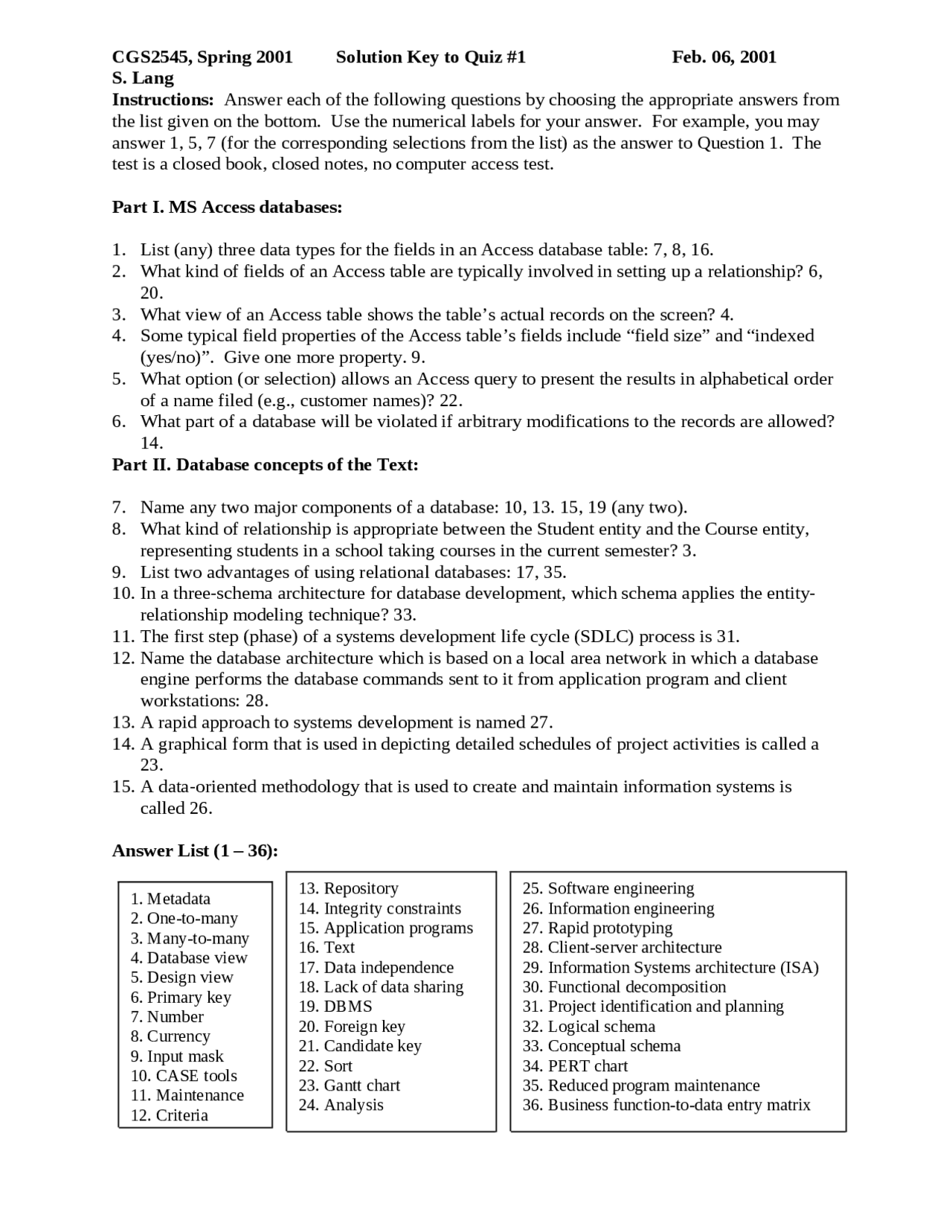Solution Key To Quiz 1 On Database Concepts Cgs 2545 Docsity