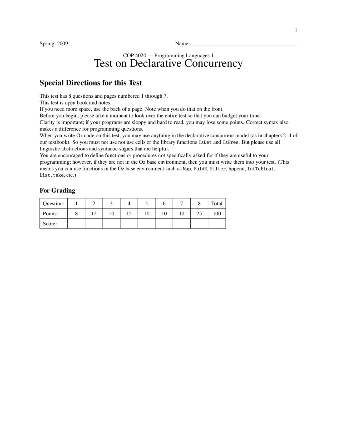 Test On Declarative Concurrency Programming Languages I Cop 4020
