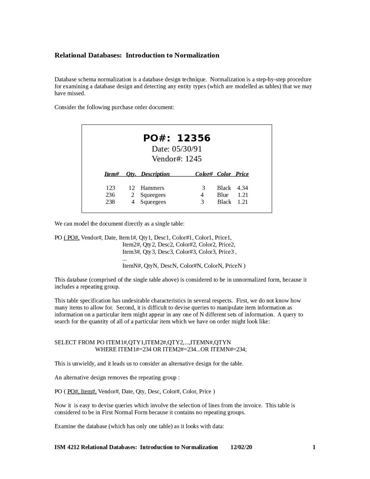 Relational Databases: Introduction to Normalization | ISM 4212 - Docsity