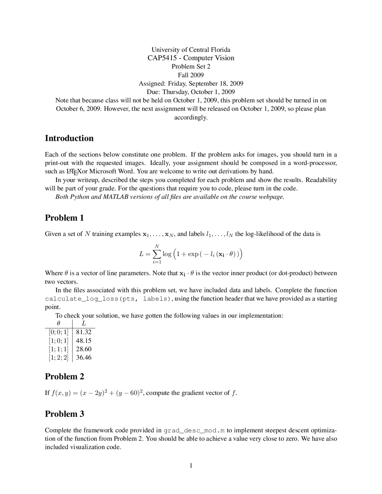 5 Problems On Computer Vision Problem Set 2 Cap 5415 Docsity