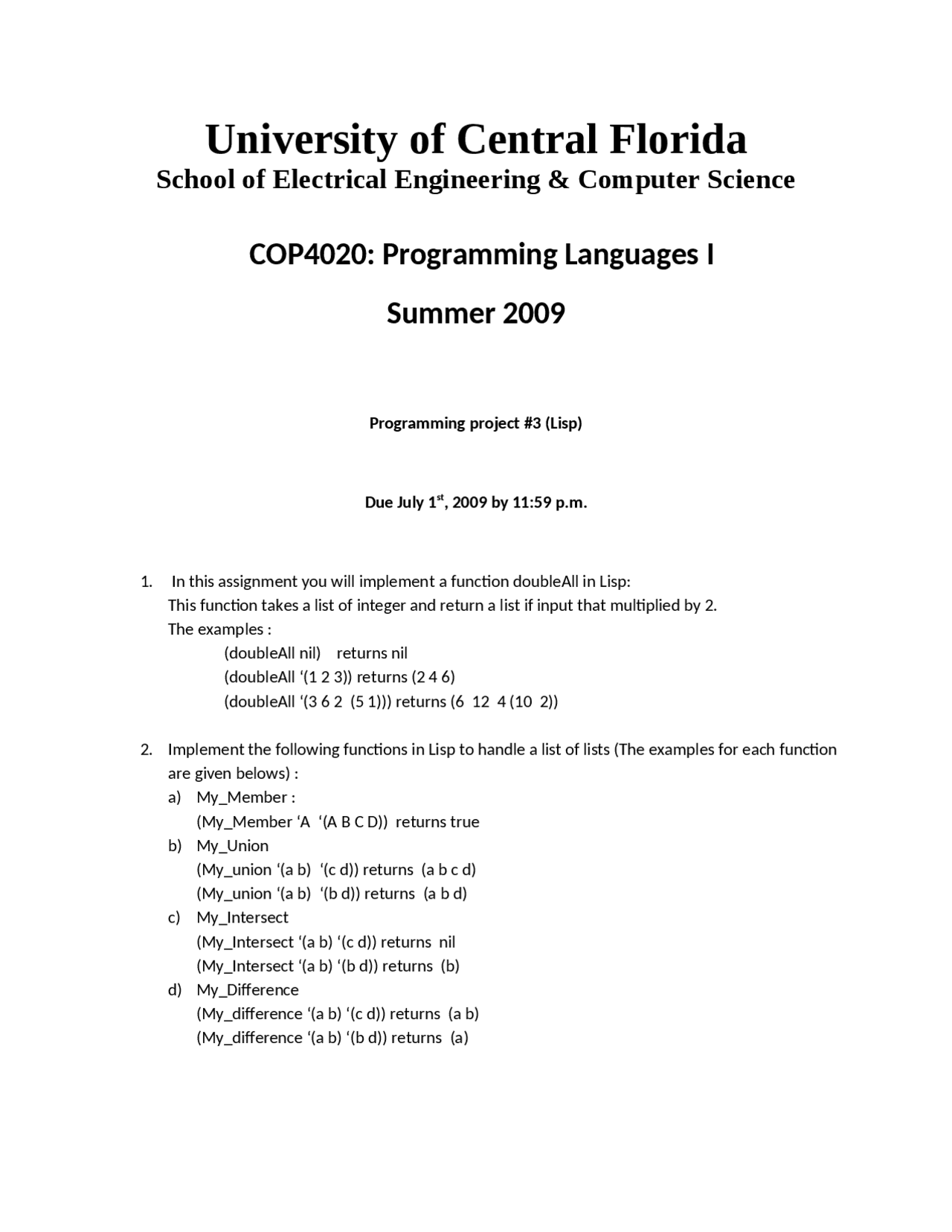 Lisp Project 3 Programming Languages I Cop 4020 Docsity 4330