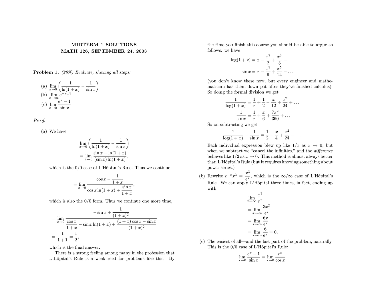 Midterm Exam 1 With Problem Solution Calculus Ii Math 126 Exams Mathematics Docsity