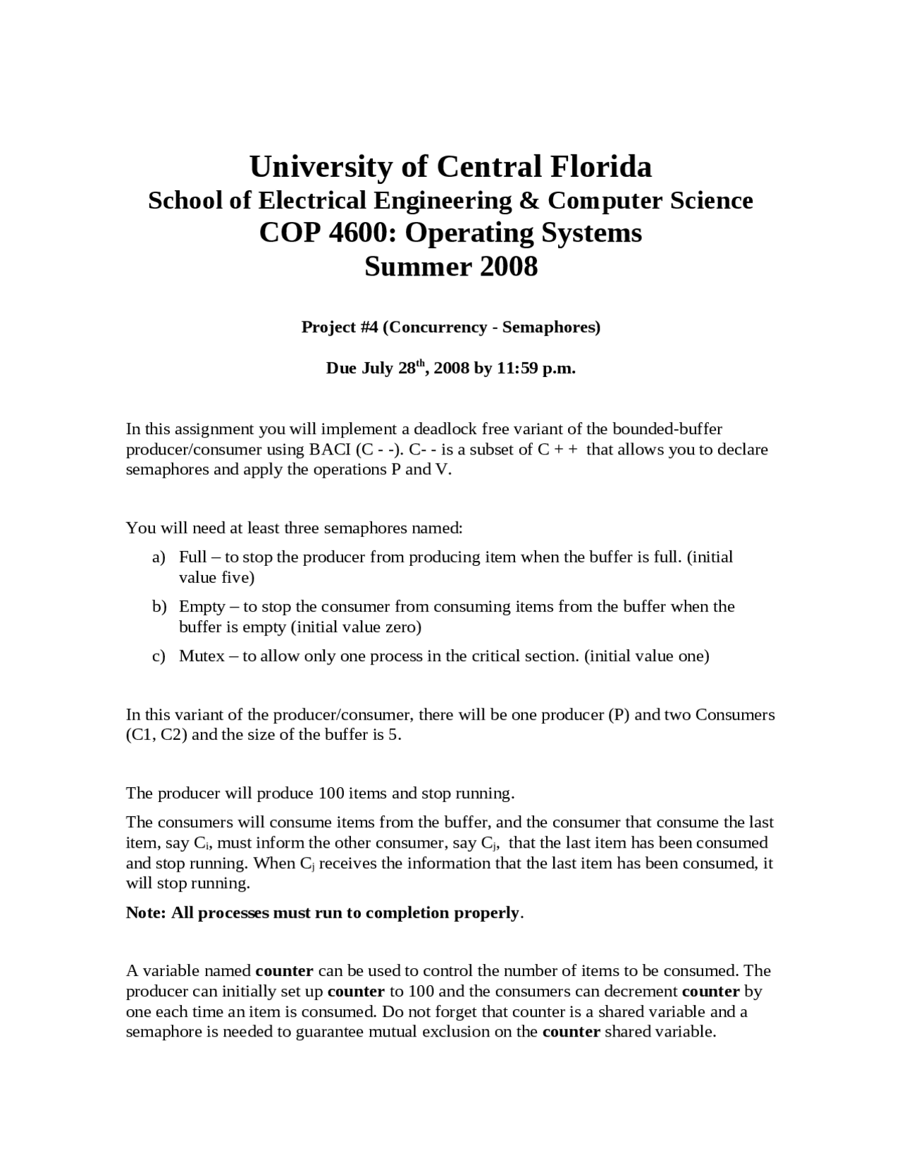 Concurrency Semaphores - Project proposal - Operating Systems | COP 4600 - Docsity