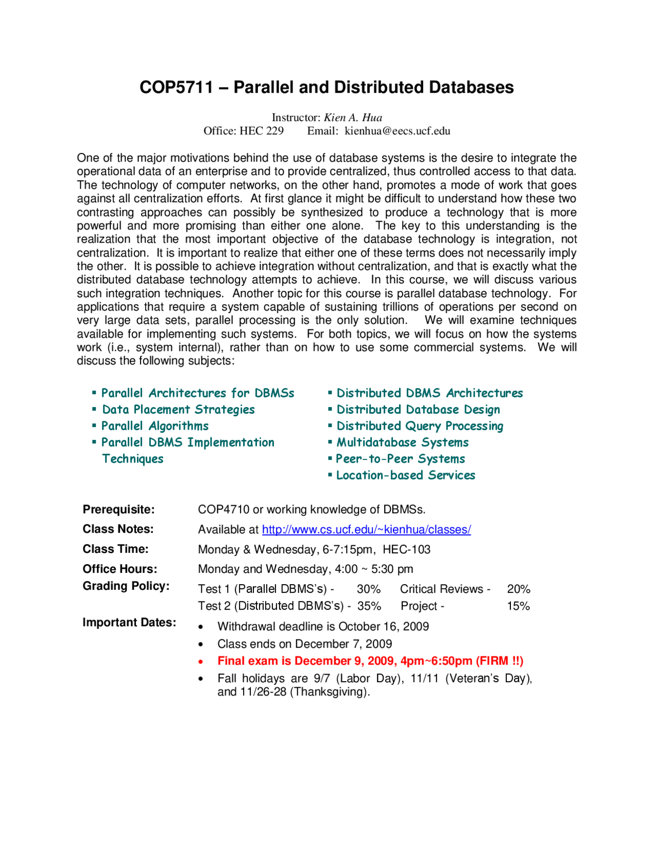 Parallel and Distributed Databases of Systems | COP 5711 - Docsity