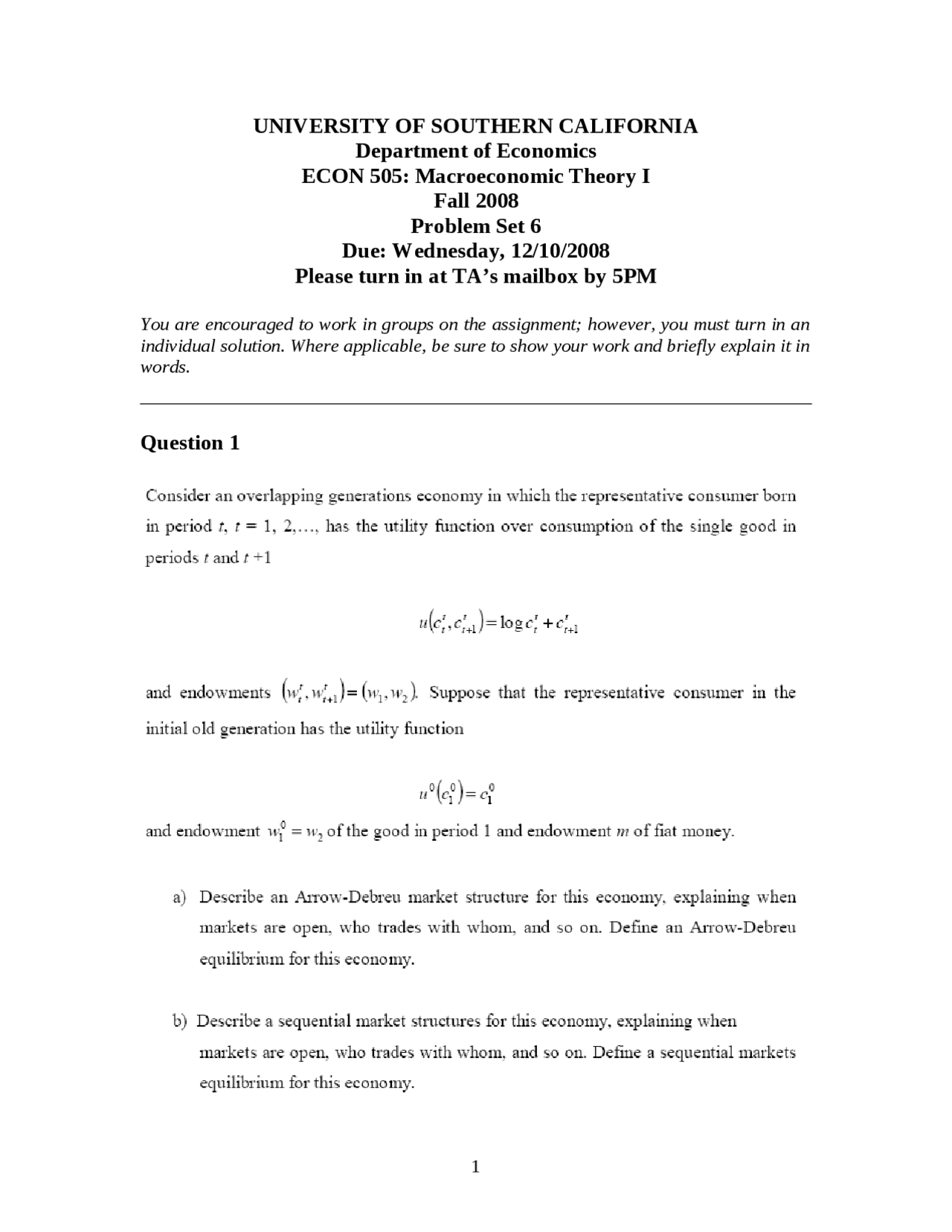3 Questions On Macroeconomic Theory I Problem Set 1 Econ 505 Docsity
