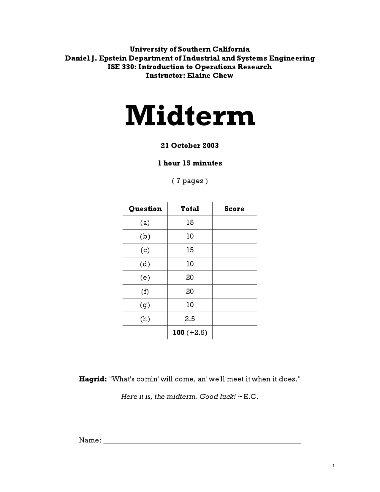 Midterm Exam For Introduction To Operations Research Deterministic