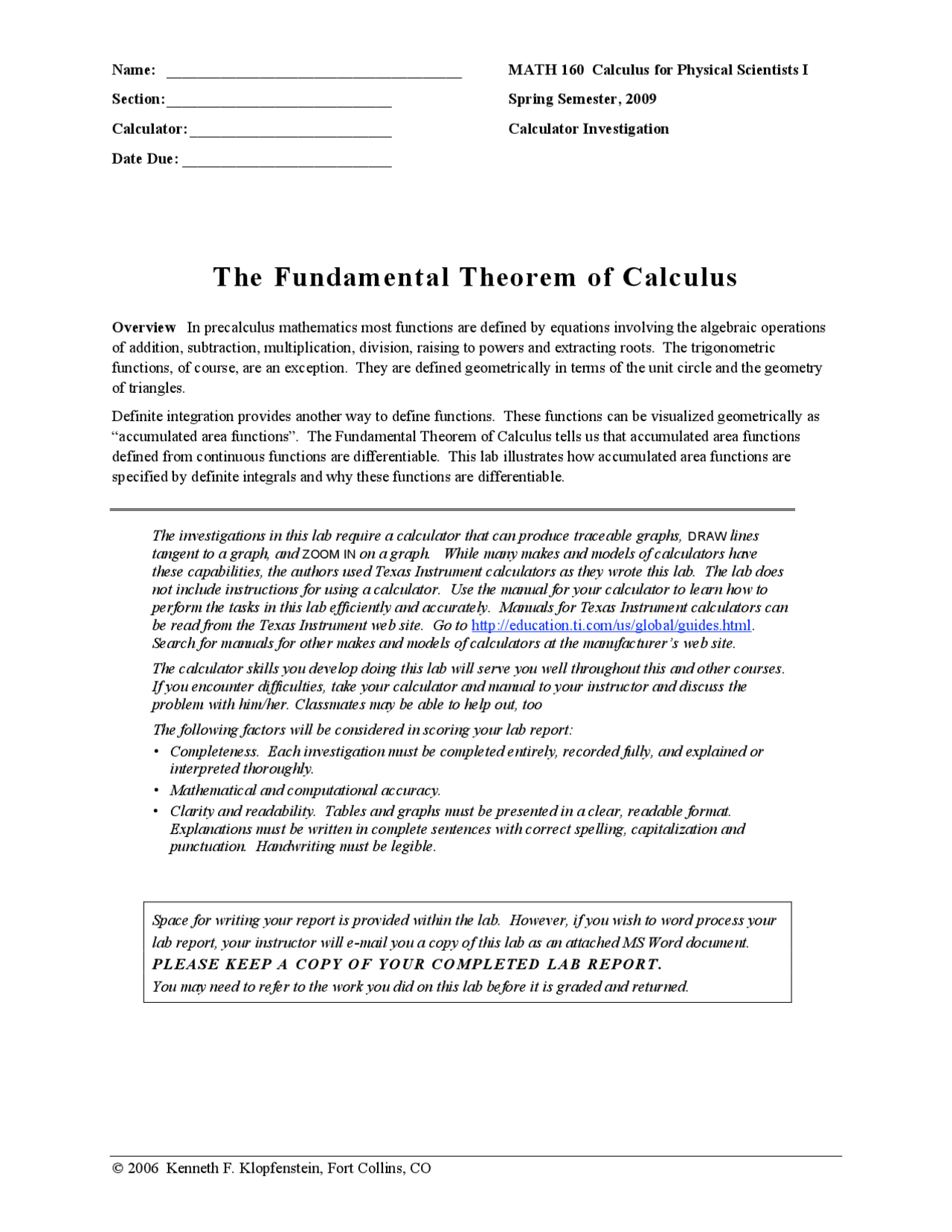 The Fundamentals Theorem Of The Calculus Experiment 9 Math 160