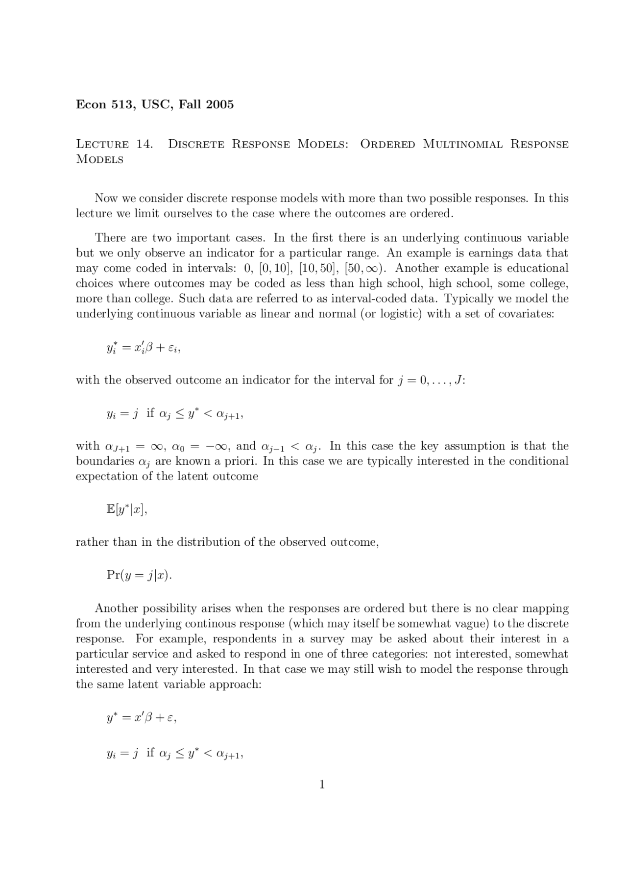 Discrete Response Models Ordered Multinational Response Econ 513