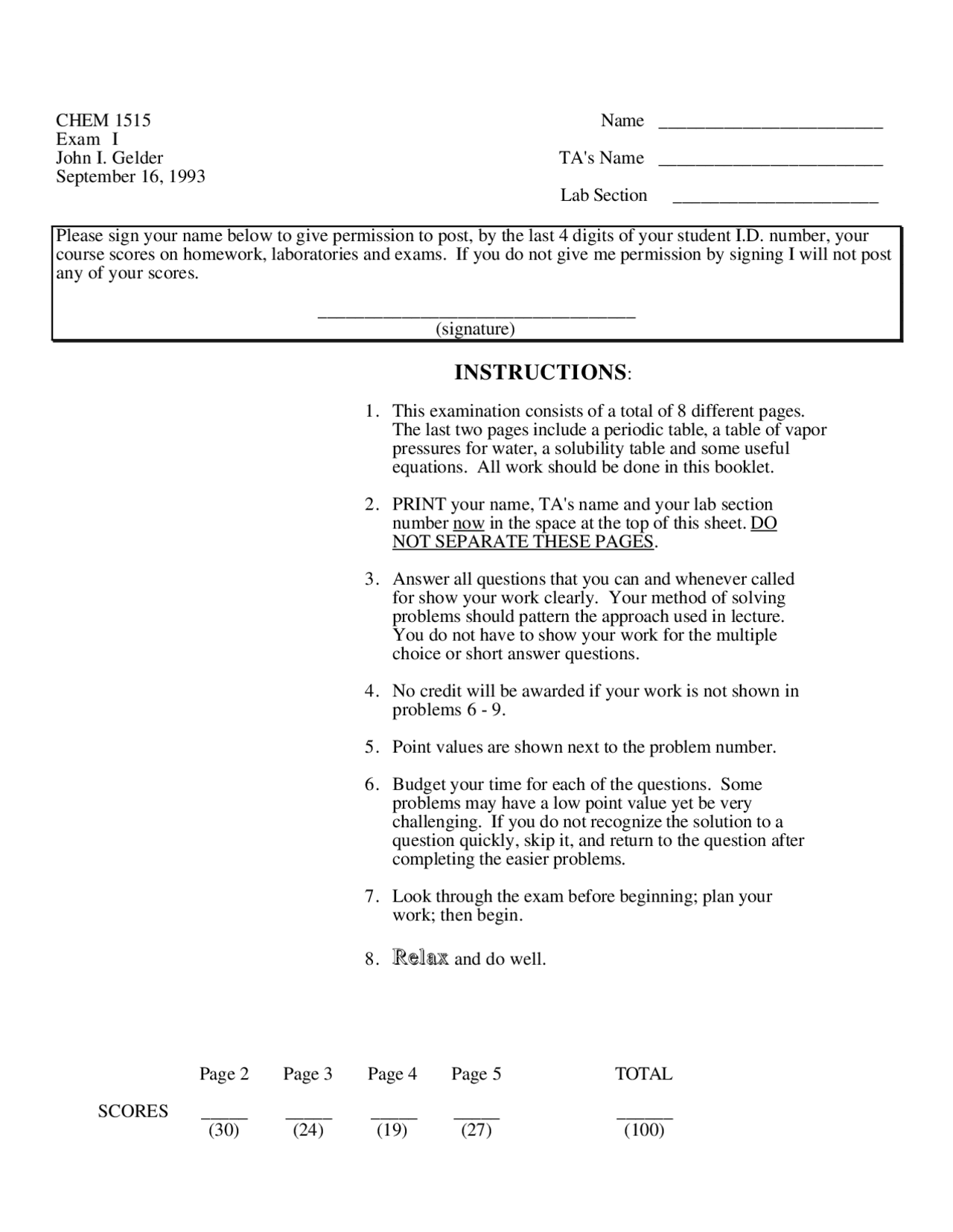 18 Questions General Chemistry Exam 1 Chem 1515 Docsity