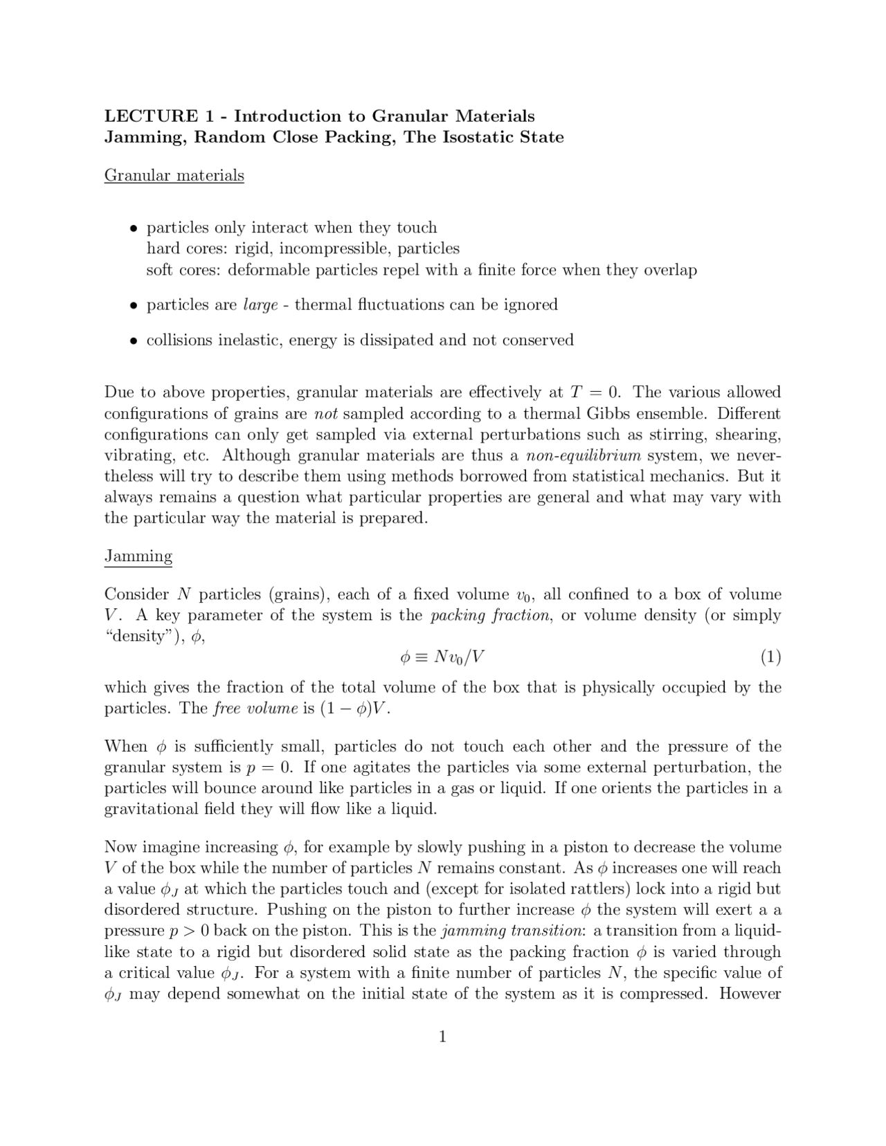 Introduction to Granular Materials Jamming, Random Close Packing ...