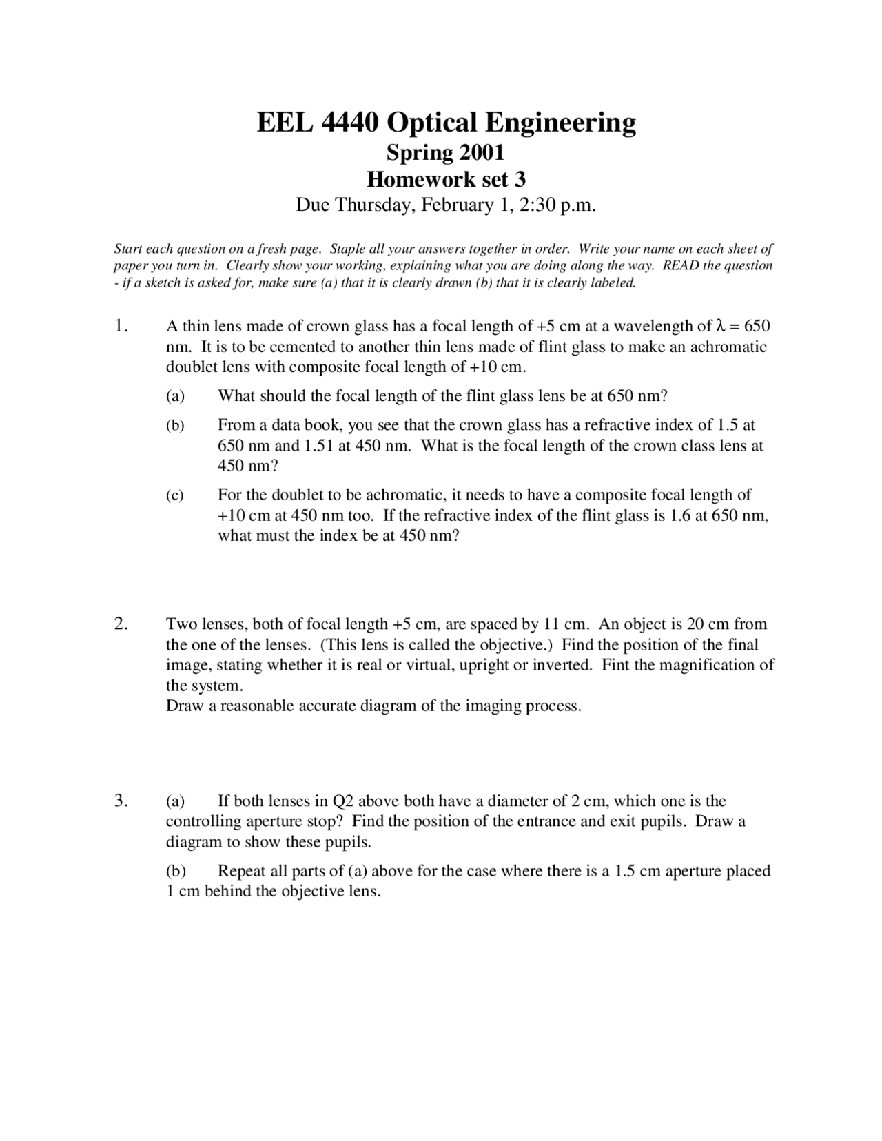 Problem Set Iii Optical Engineering Eel 4440 Docsity