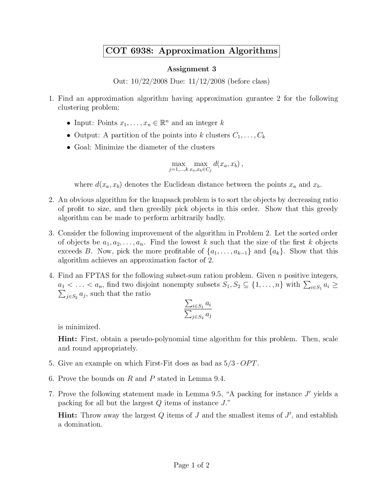 Approximation Algorithms Assignment 3 Cot 6938 Docsity