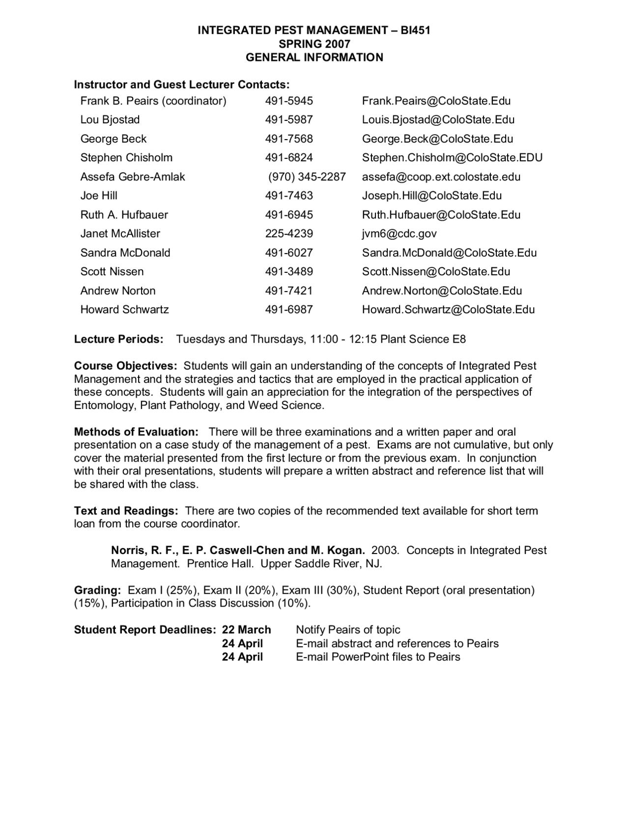 Introductory Course Syllabus For Integrated Pest Management Bspm 451