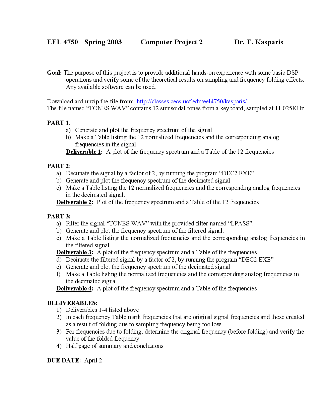 Computer Project Ii Digital Signal Processing Fundamentals Eel 4750