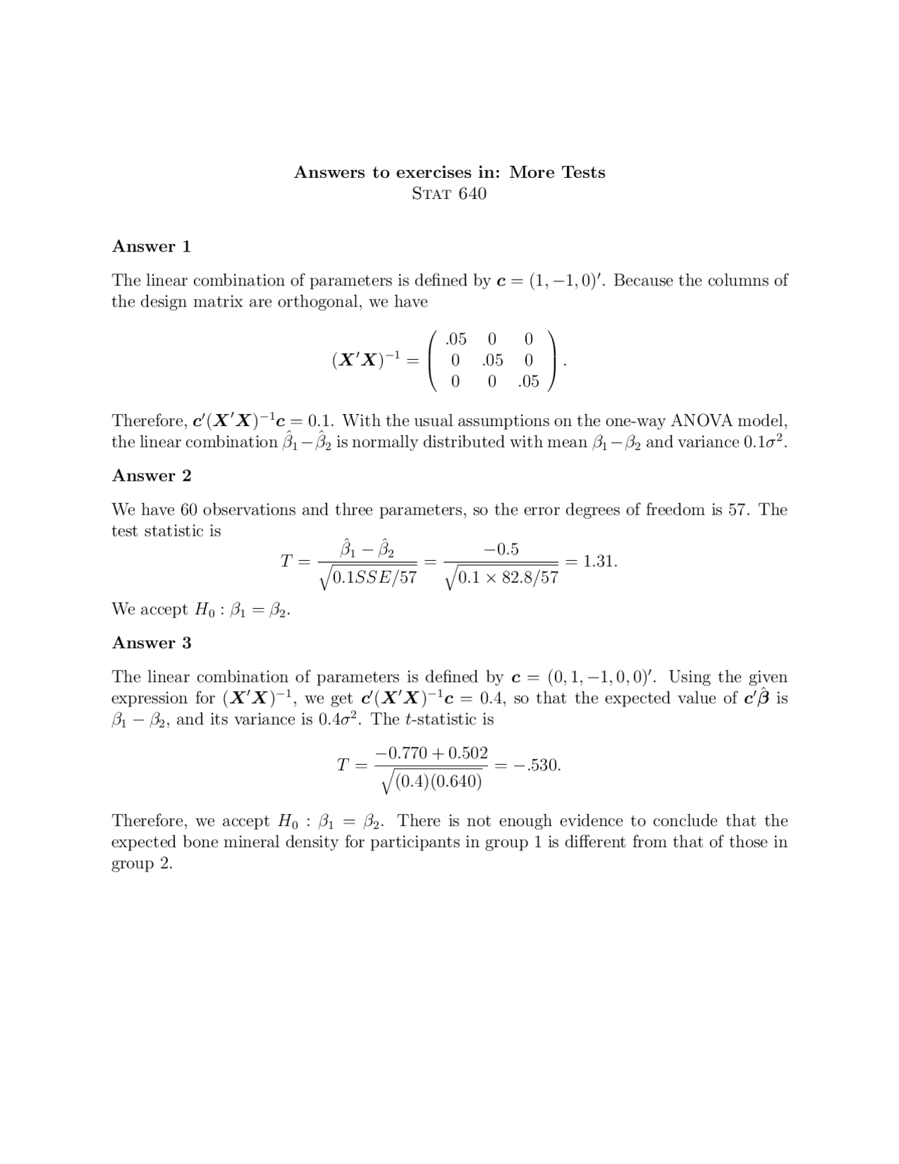 9 Questions with Answer of Design and Linear Modeling I - | STAT 640 - Docsity