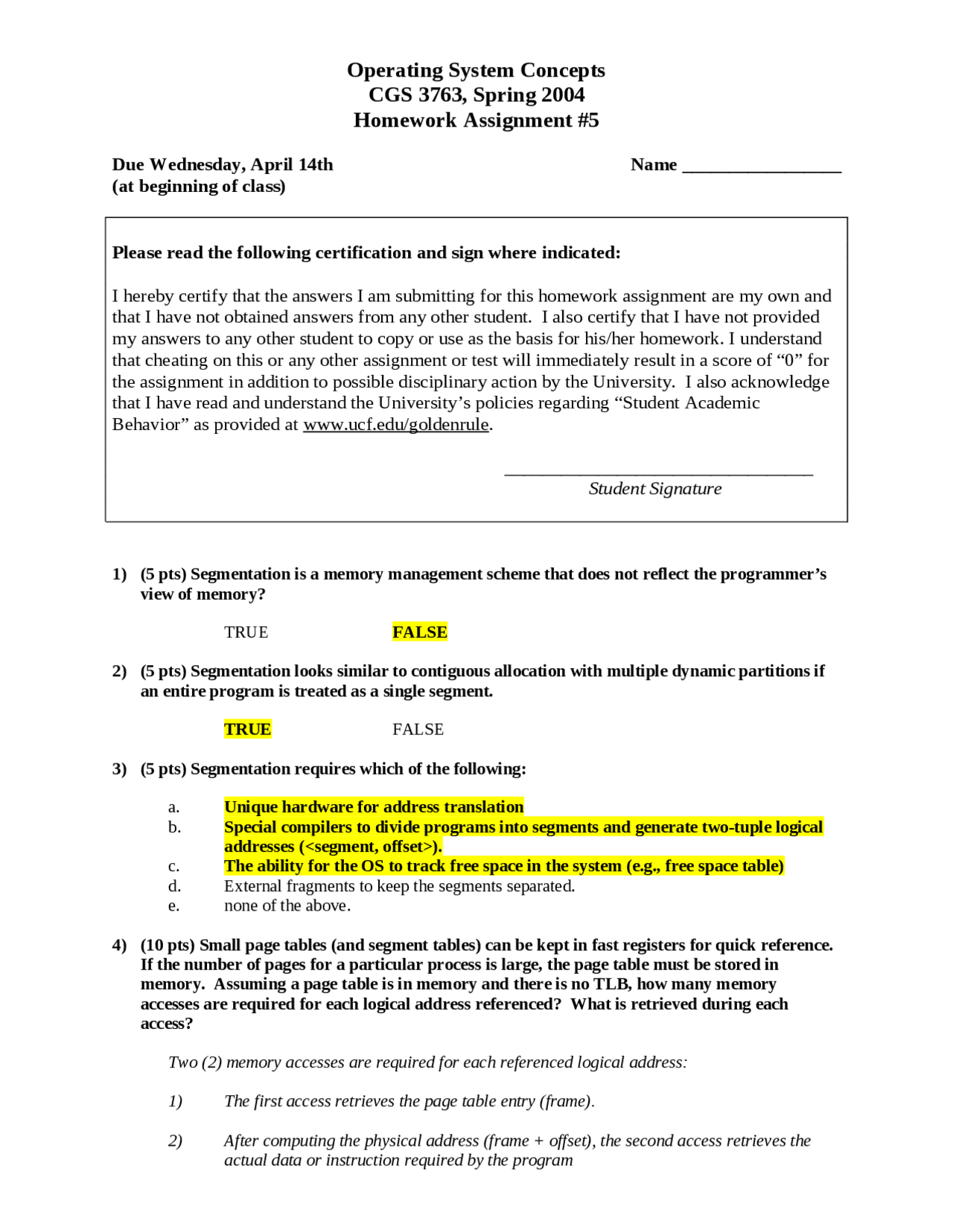 Operating System Concepts Assignment 5 Cgs 3763 Docsity