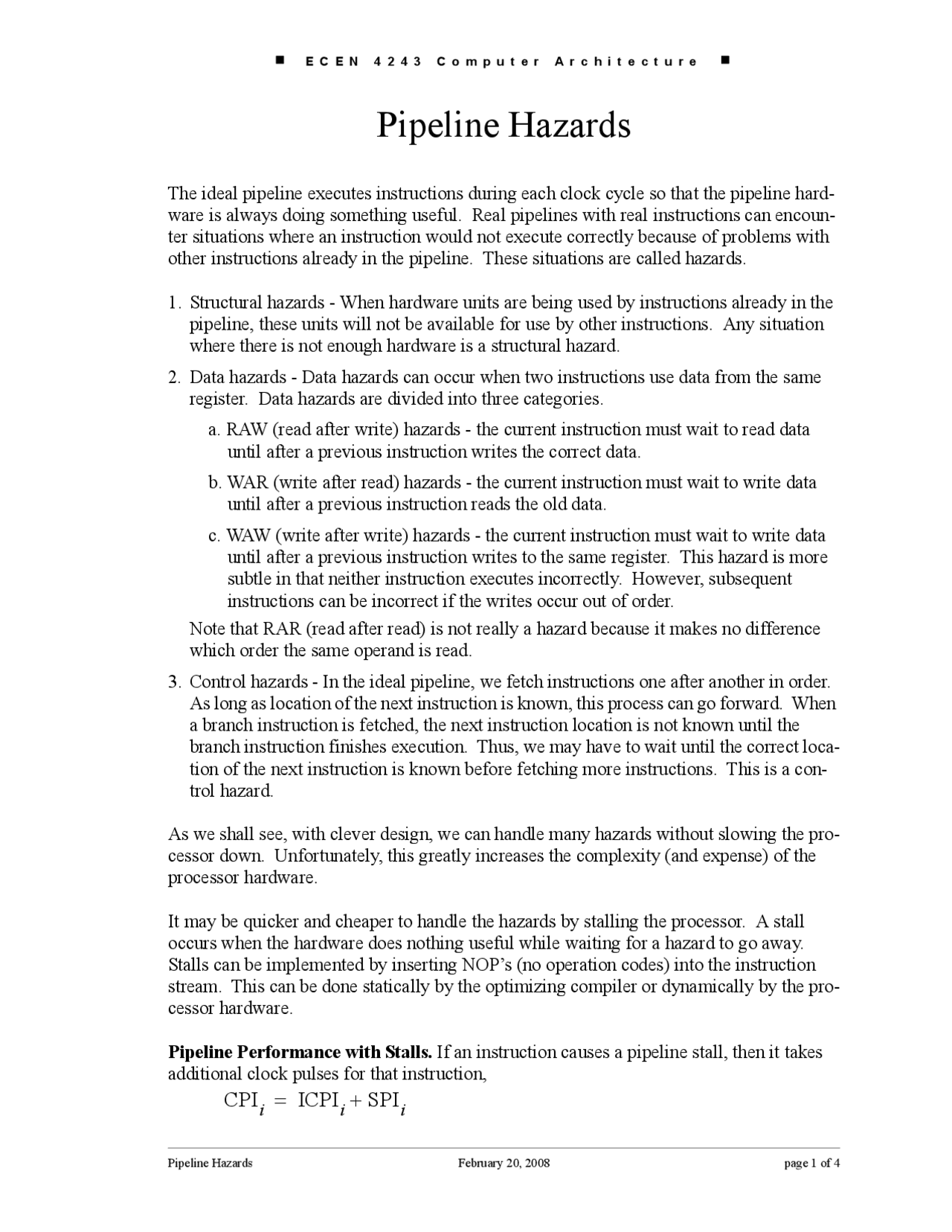 Notes on Pipeline Hazards - Computer Architecture | ECEN 4243 - Docsity