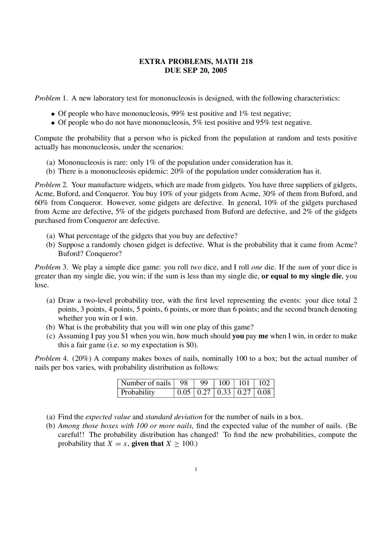 Probability for Business - Practice Problem Set | MATH 218 - Docsity