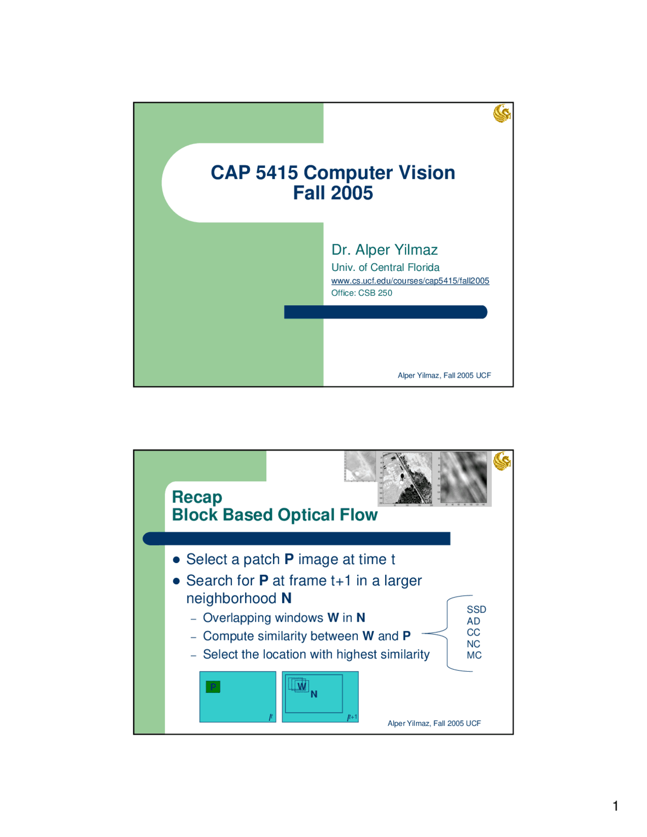 Lecture Slides On Block Based Optical Flow Computer Vision Cap 5415