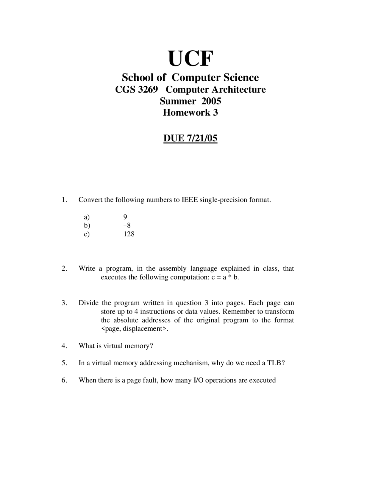 Computer Architecture HW3 - IEEE Single-precision, Assembly, Virtual Memory | Assignments ...