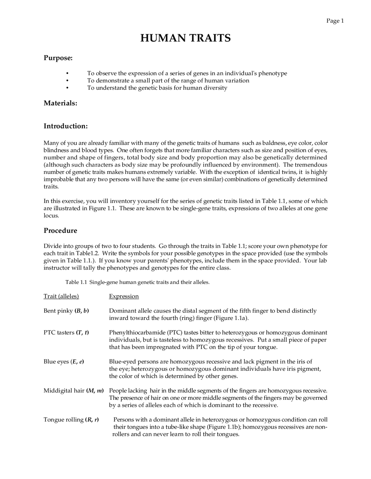 Field Study - Human Traits - Lab | INDS 102 - Docsity