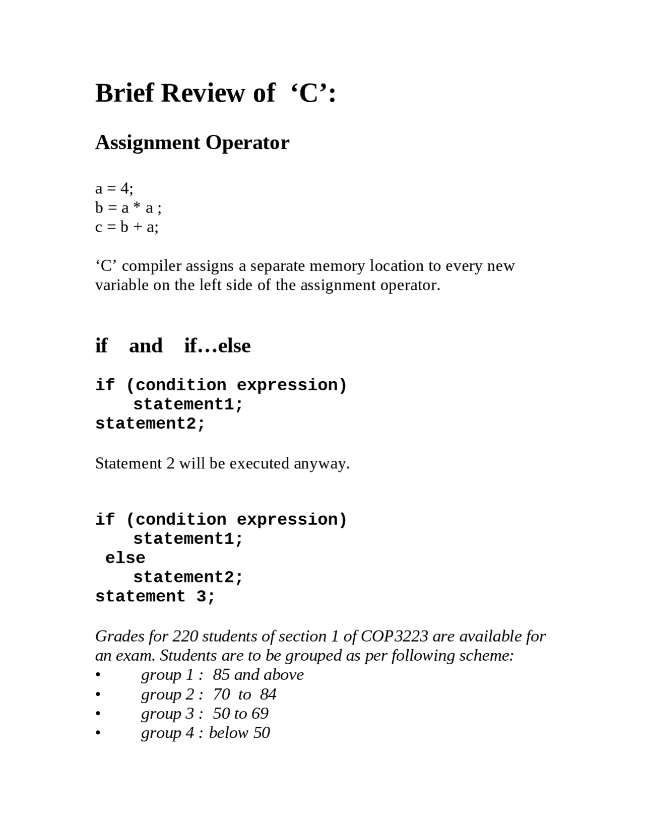 Brief Review of C and Switch Statement in Computer Science l | COP 3502 - Docsity