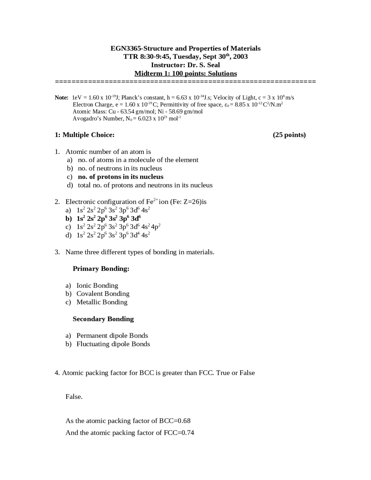 4 Questions On Structure And Properties Of Materials With Solution