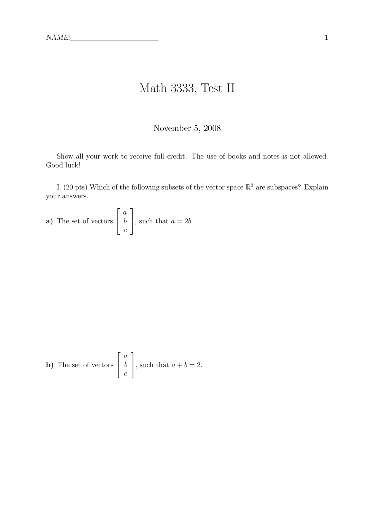 Practice Questions For Test 2 Linear Algebra I Math 3333 Docsity