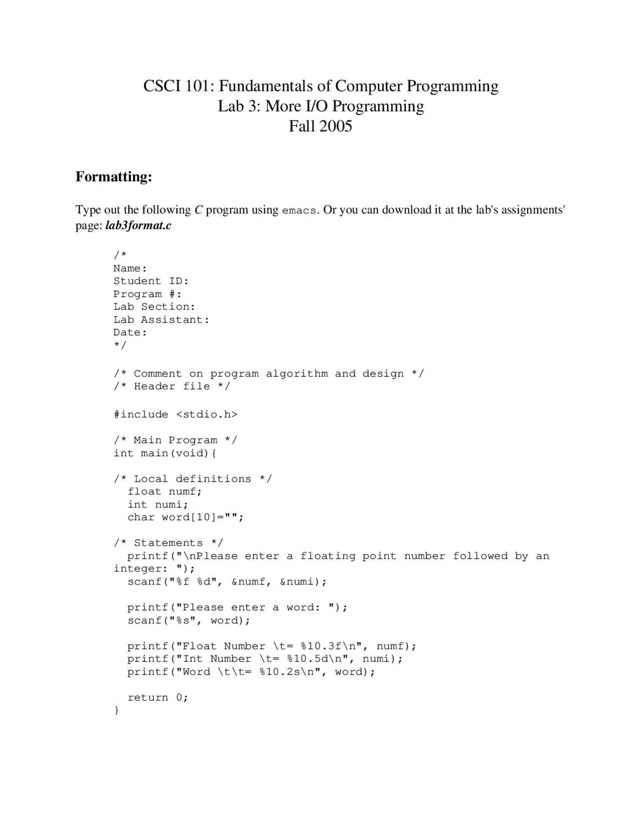 Notes On Formatting And Debugging In Lab 3 Csci 101l Docsity 4636