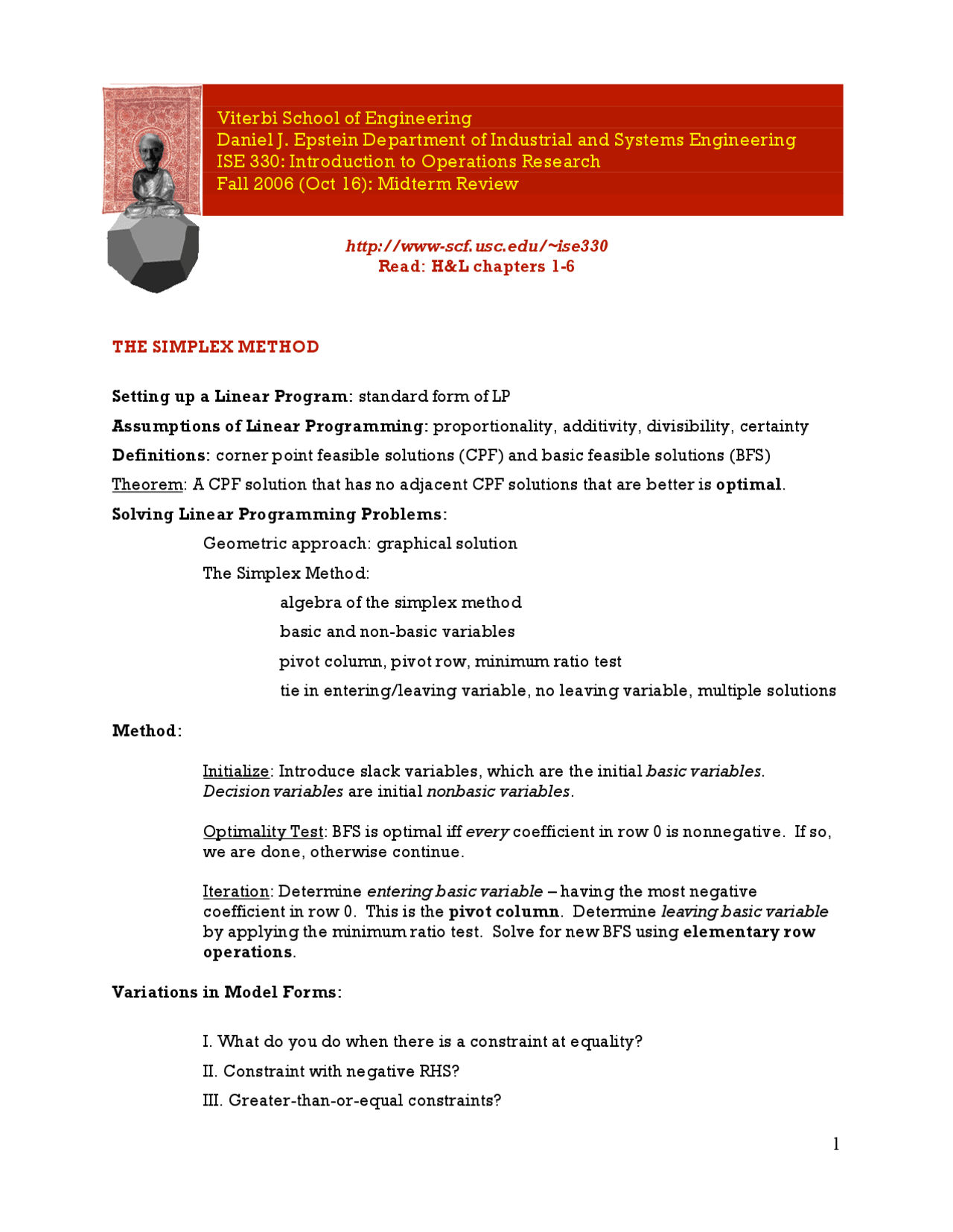 The Simplex Method - Introduction to Operations Research - Handout | ISE 330 - Docsity