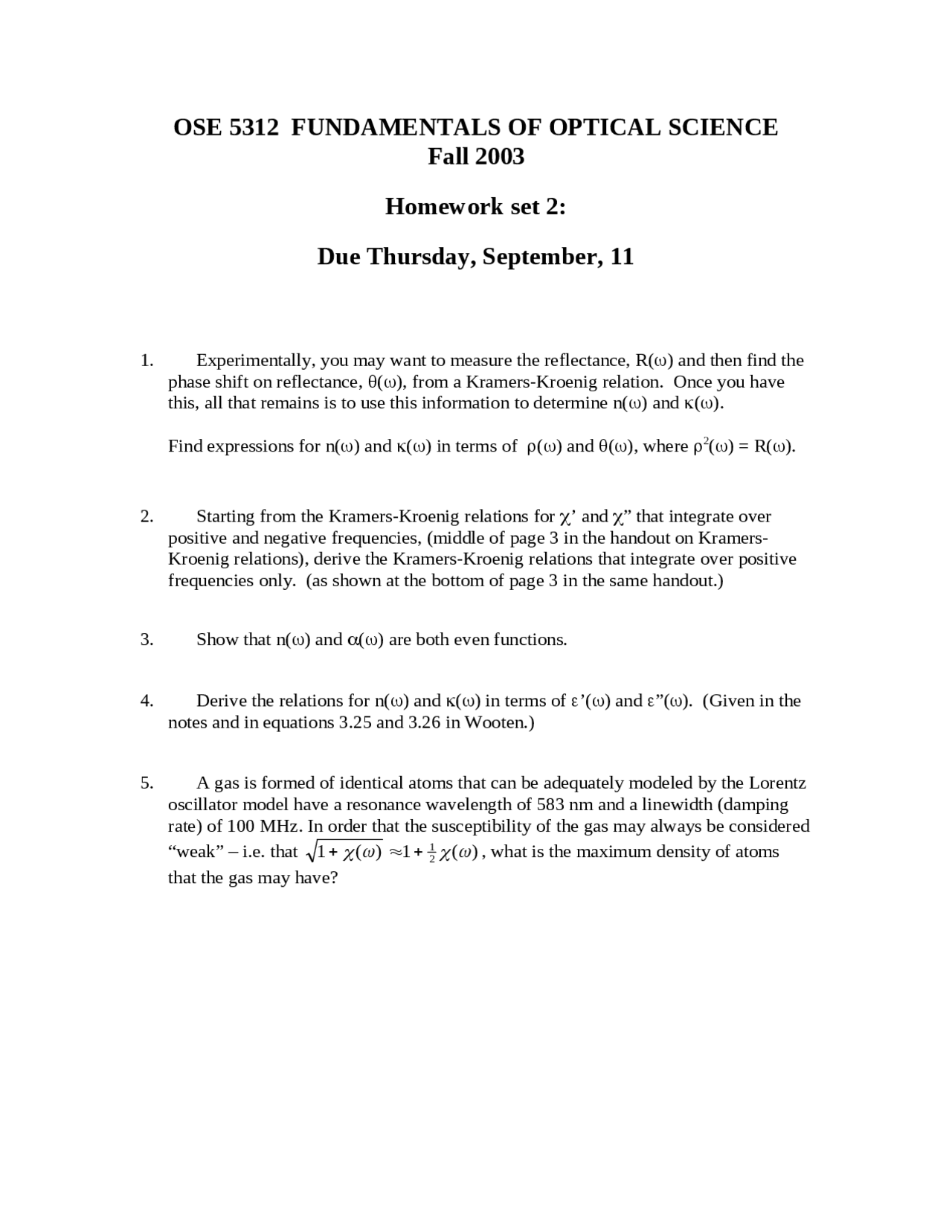 Optical Science Homework: Kramers-Kroenig Relations & Refractive Index ...