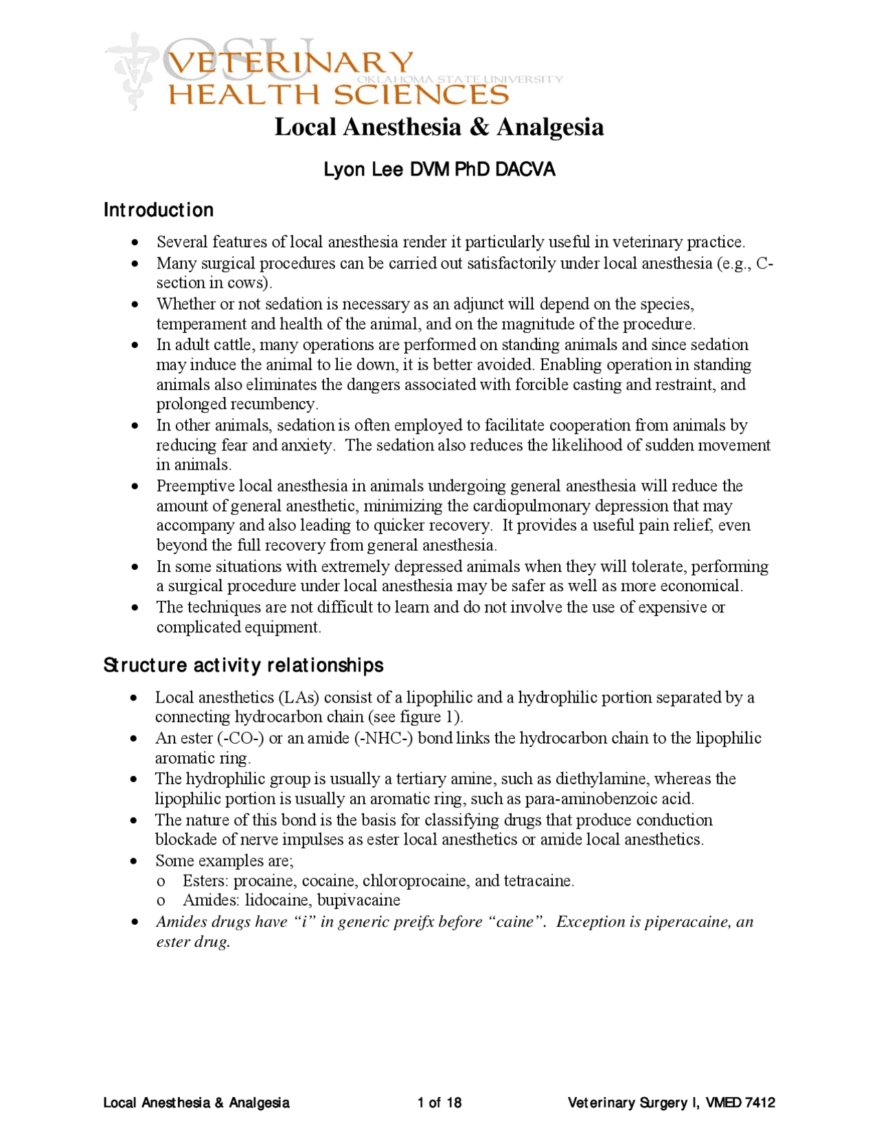 Local Anesthesiology And Analgesia Lecture Notes Vmed 7412 Docsity