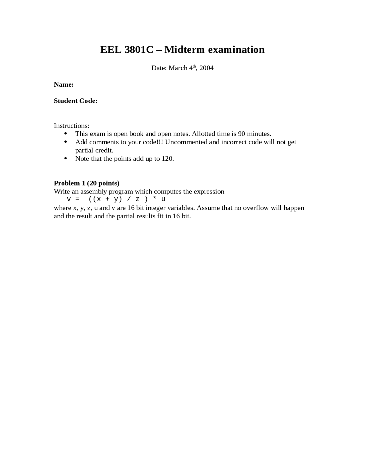 Midterm Exam Six Problems Computer Organization Eel 3801 Docsity