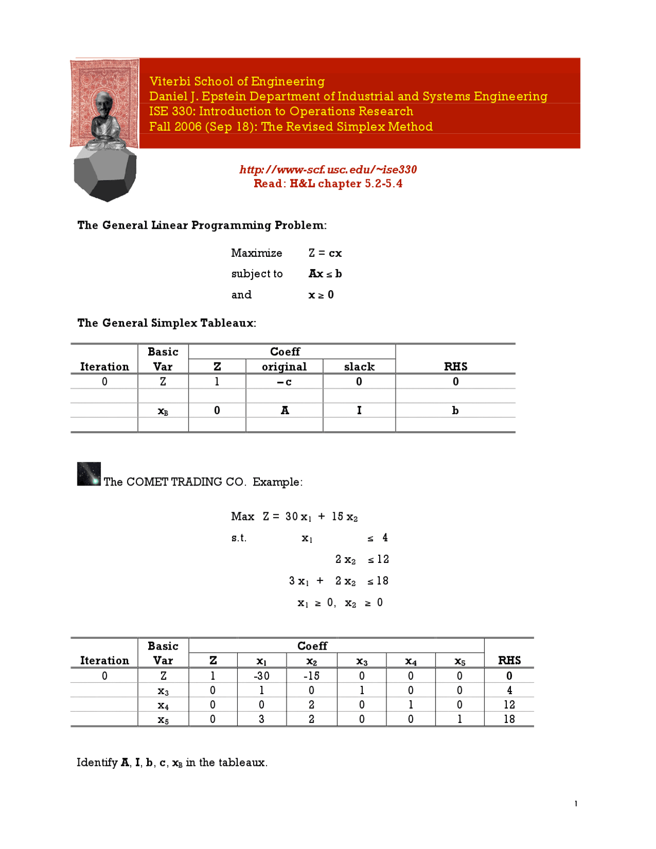 The General Linear Programming Problem Lecture Notes Ise 330 Docsity