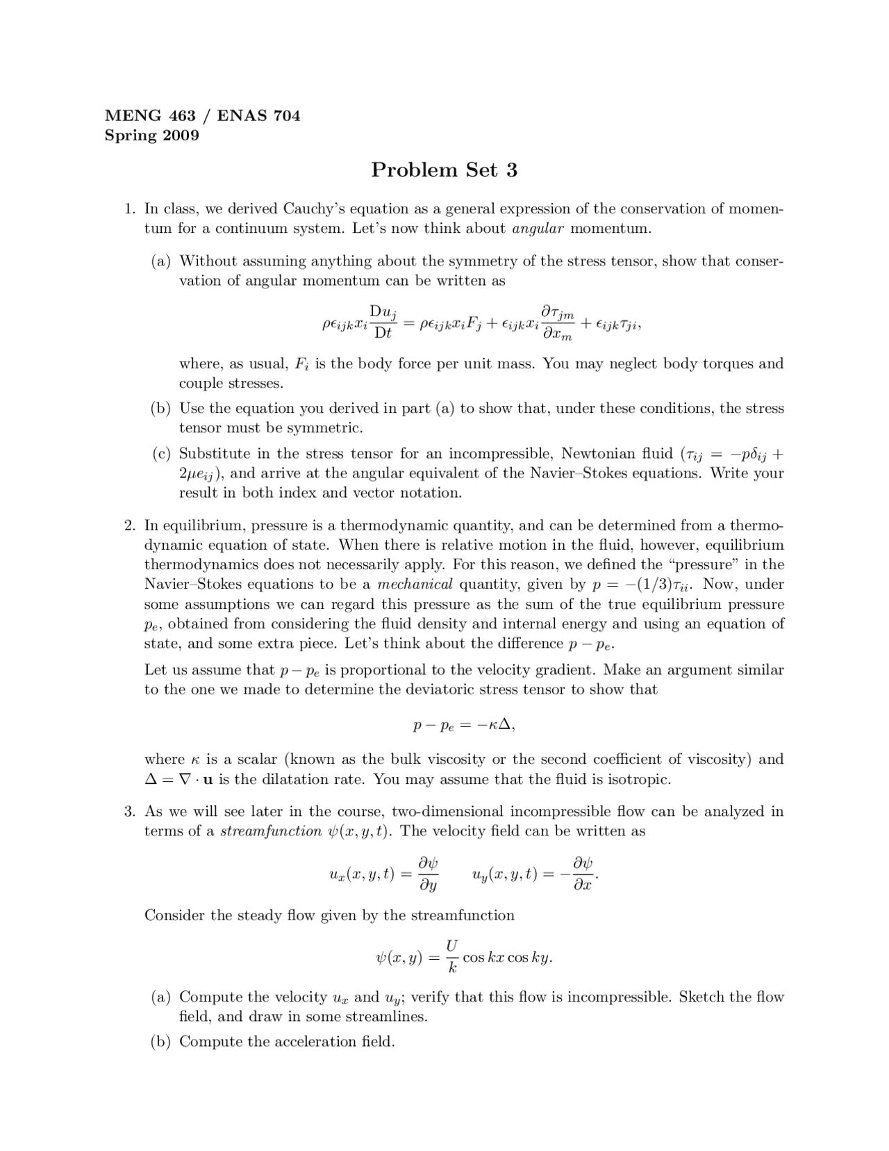 Theoretical Fluid Dynamics Problem Set 3 Meng 463 Docsity