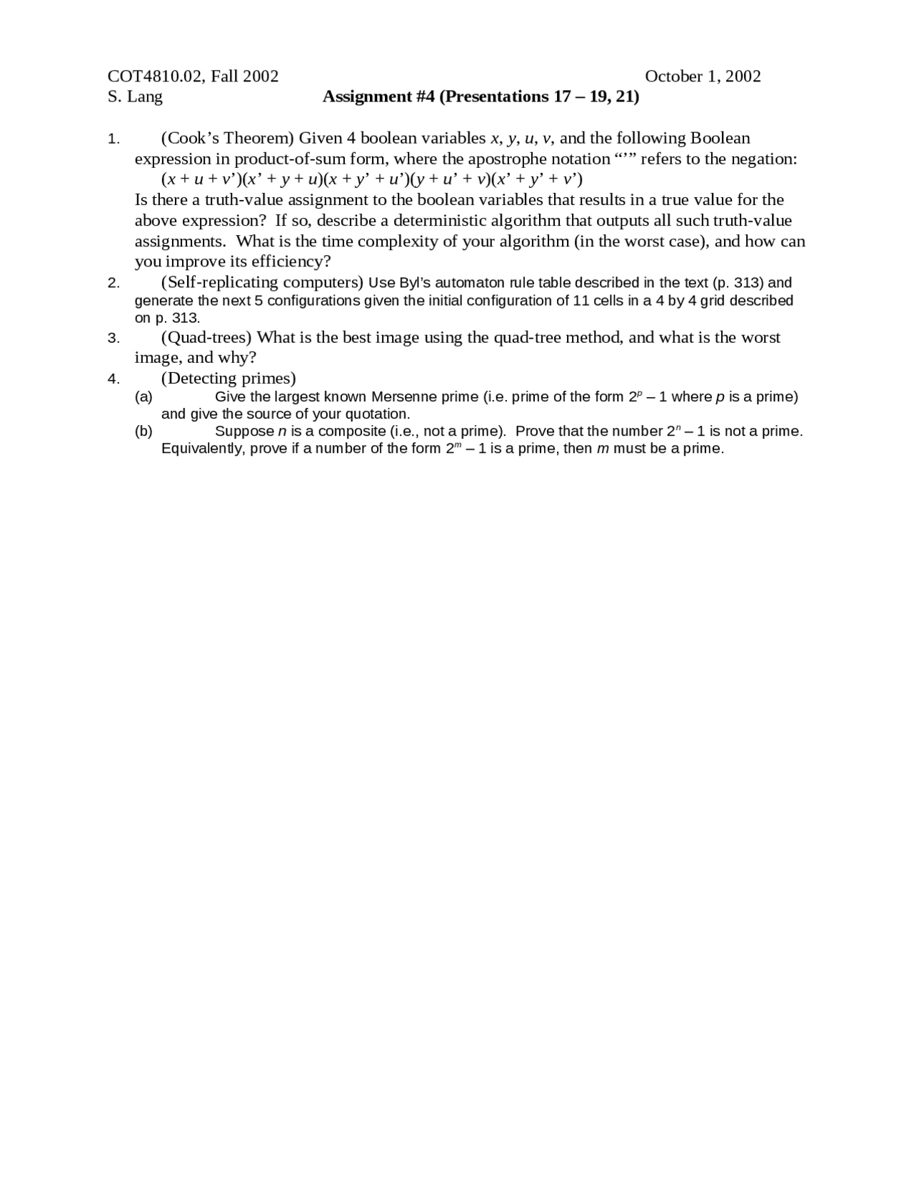 Assignment 4 Topics In Computer Science Fall 2002 Cot 4810 Docsity