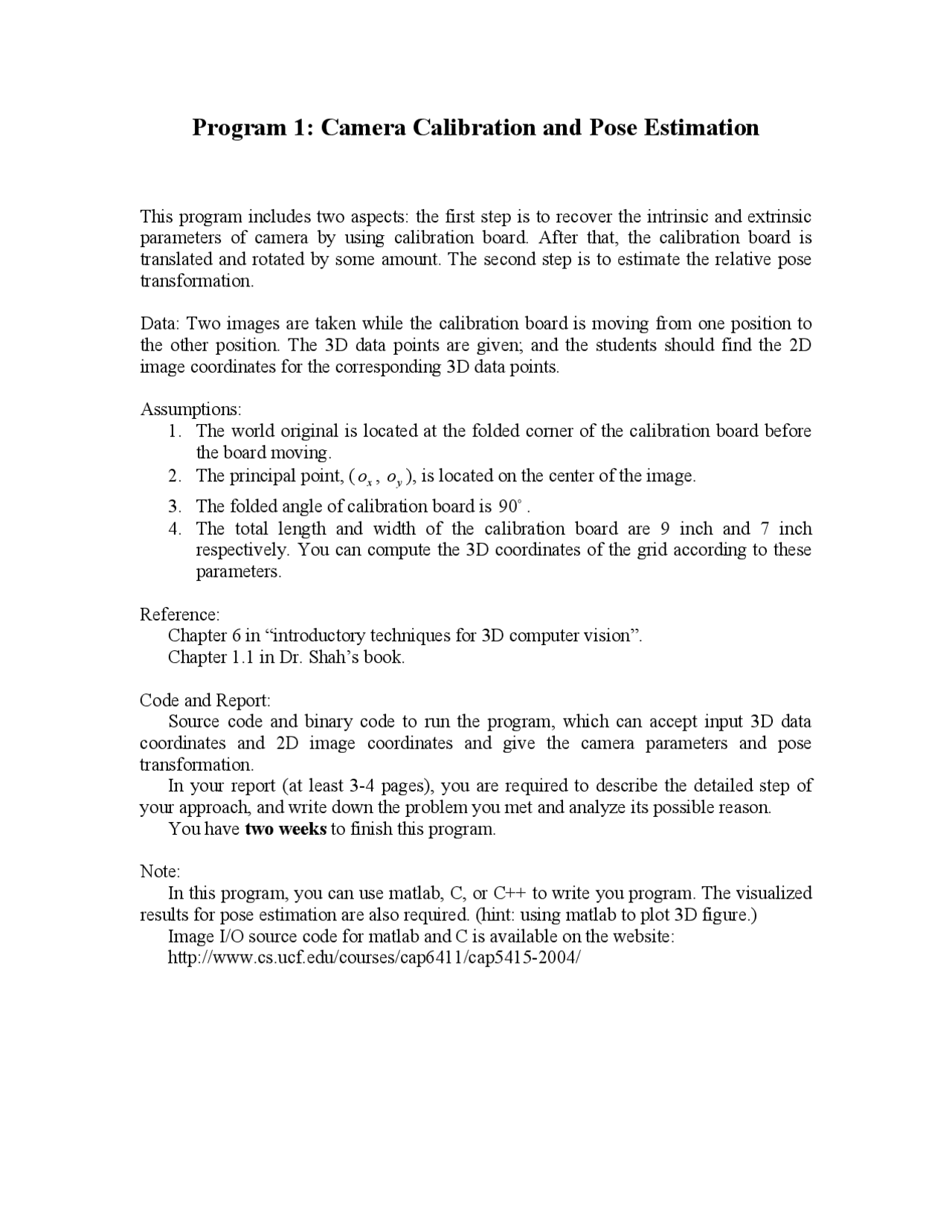 Camera Calibration And Pose Estimation Assignment 1 Cap 6411 Docsity 8085