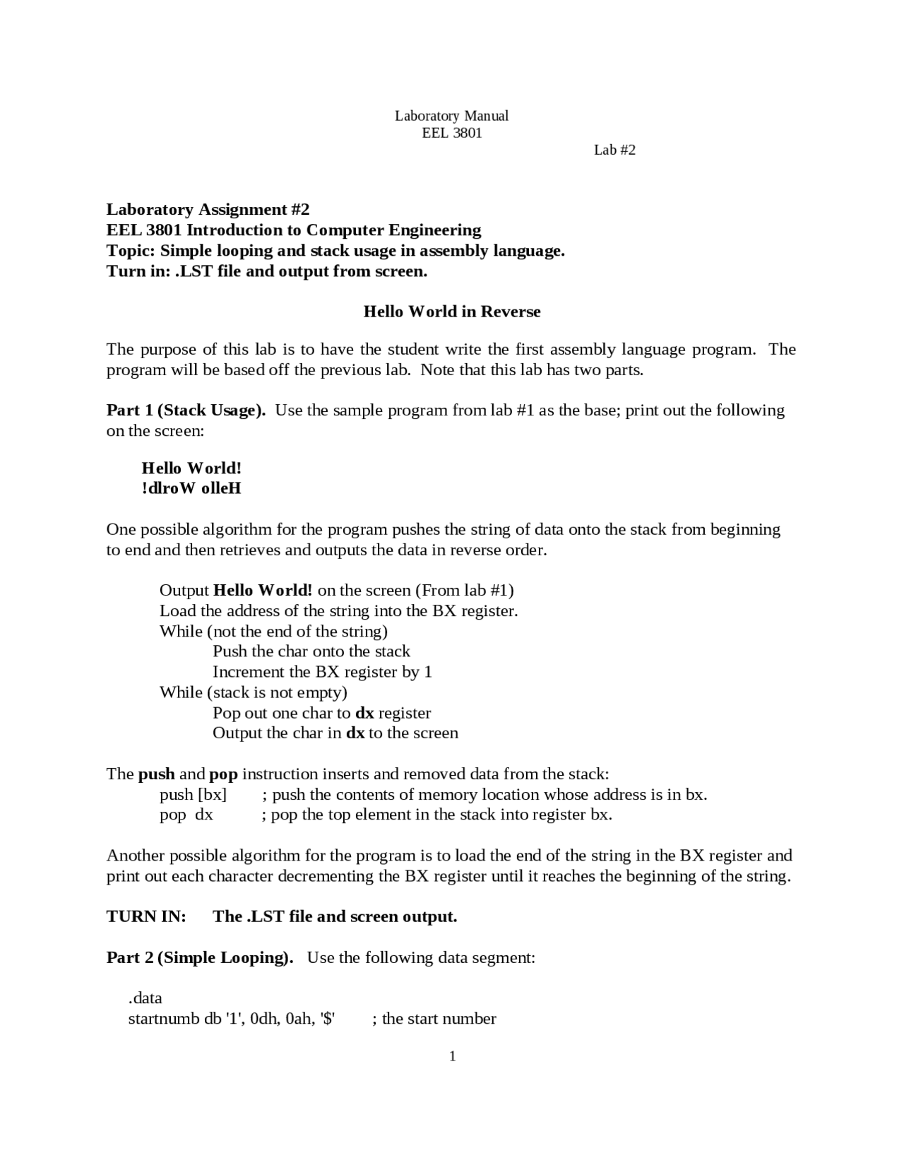 Simple Looping And Stack Usage In Assembly Language Assignment 2 Eel 3801 Docsity