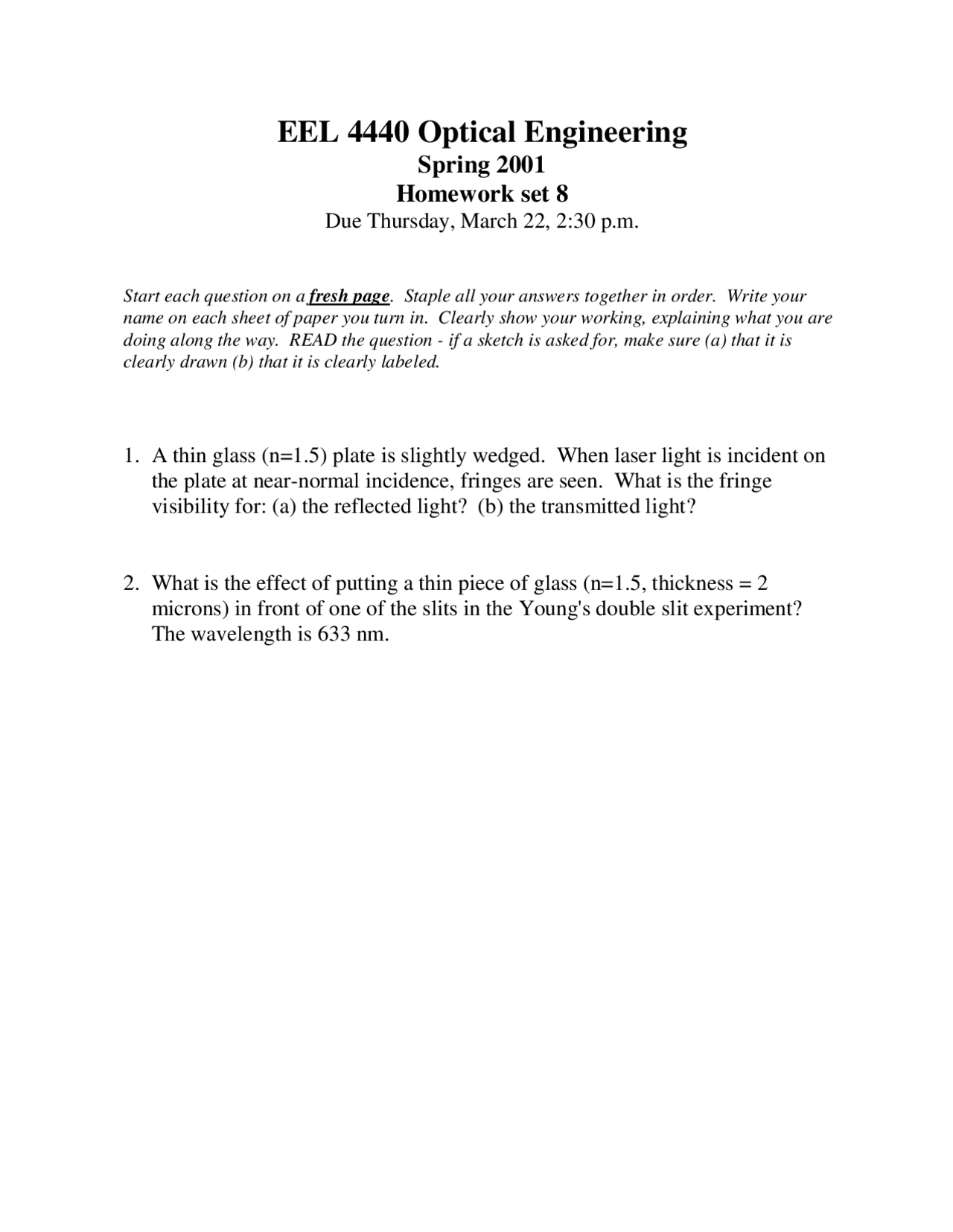 Optical Engineering Homework Set 8 Eel 4440 Docsity