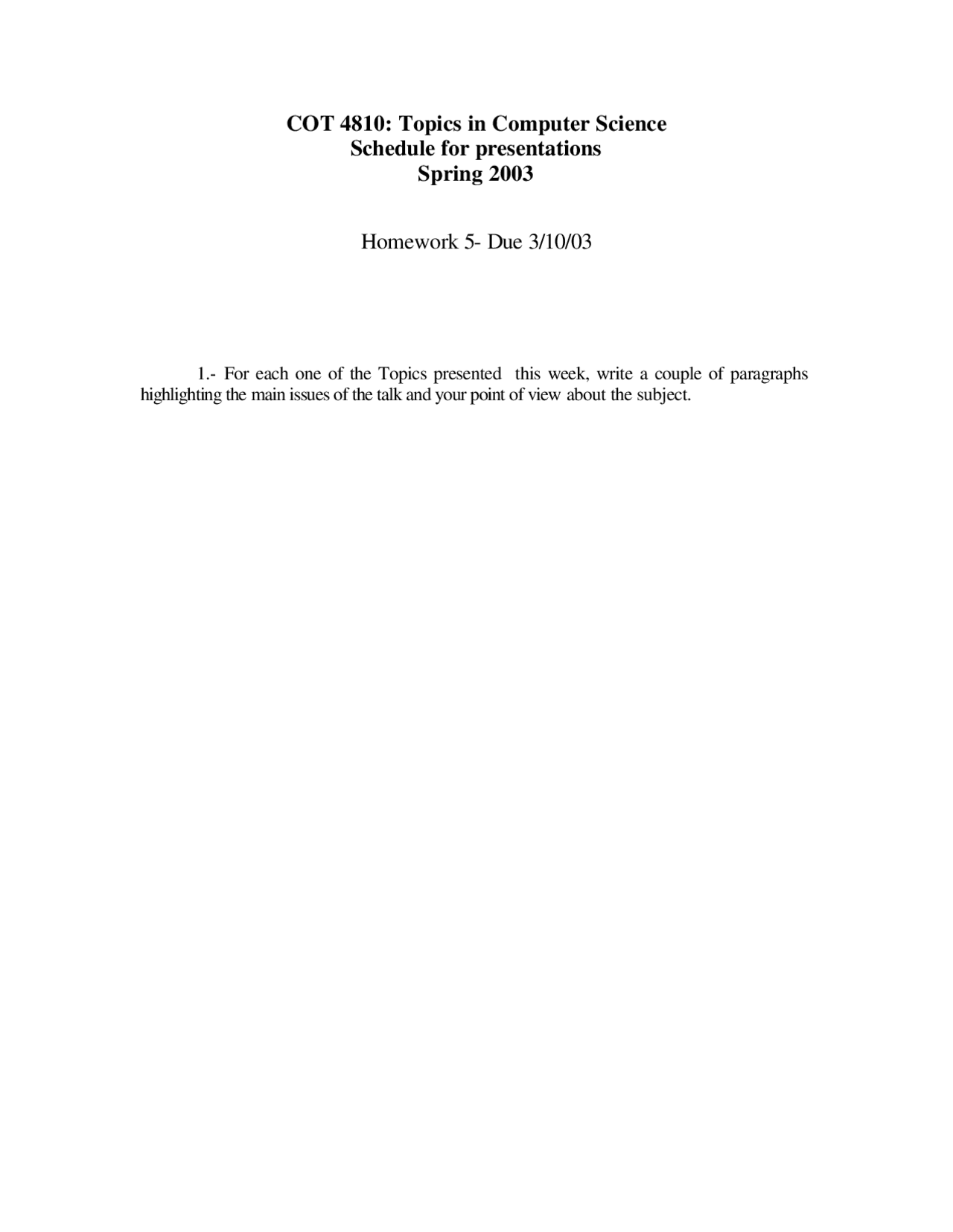 Topics In Computer Science Presentations Schedule Cot 4810 Docsity