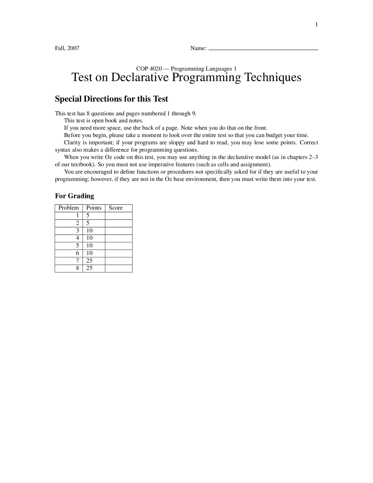 Test On Declarative Programming Techniques Cop 4020 Docsity