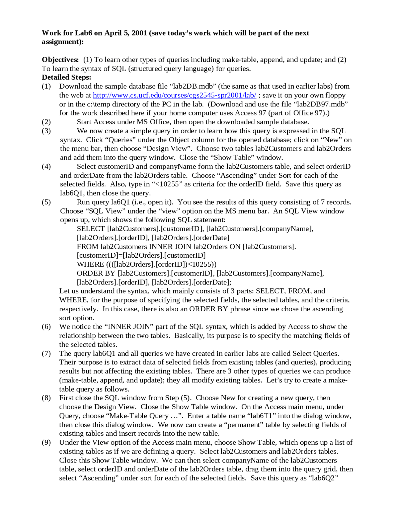 Syntax Of Structured Query Language Lab 6 Cgs 2545 Docsity