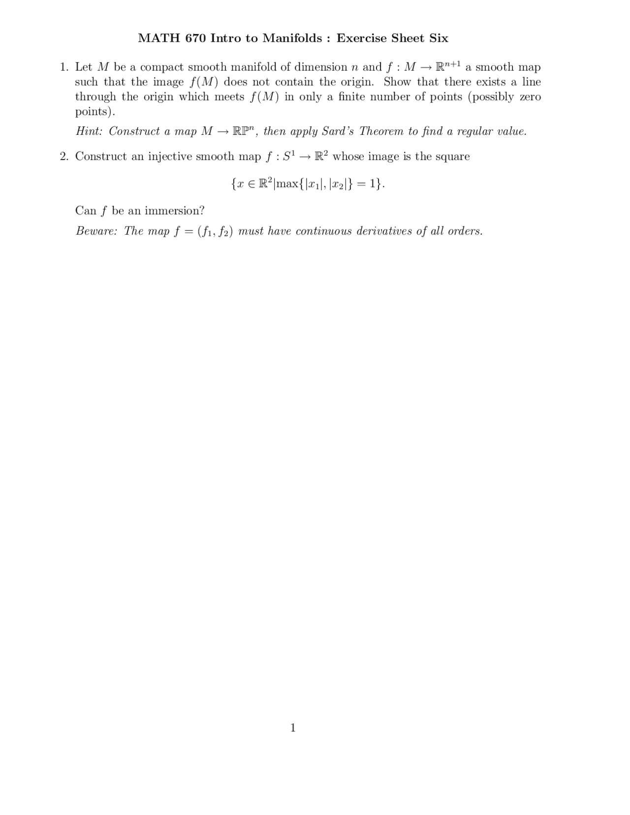 Introduction To Differential Manifolds Exercise Sheet 6 Math 670
