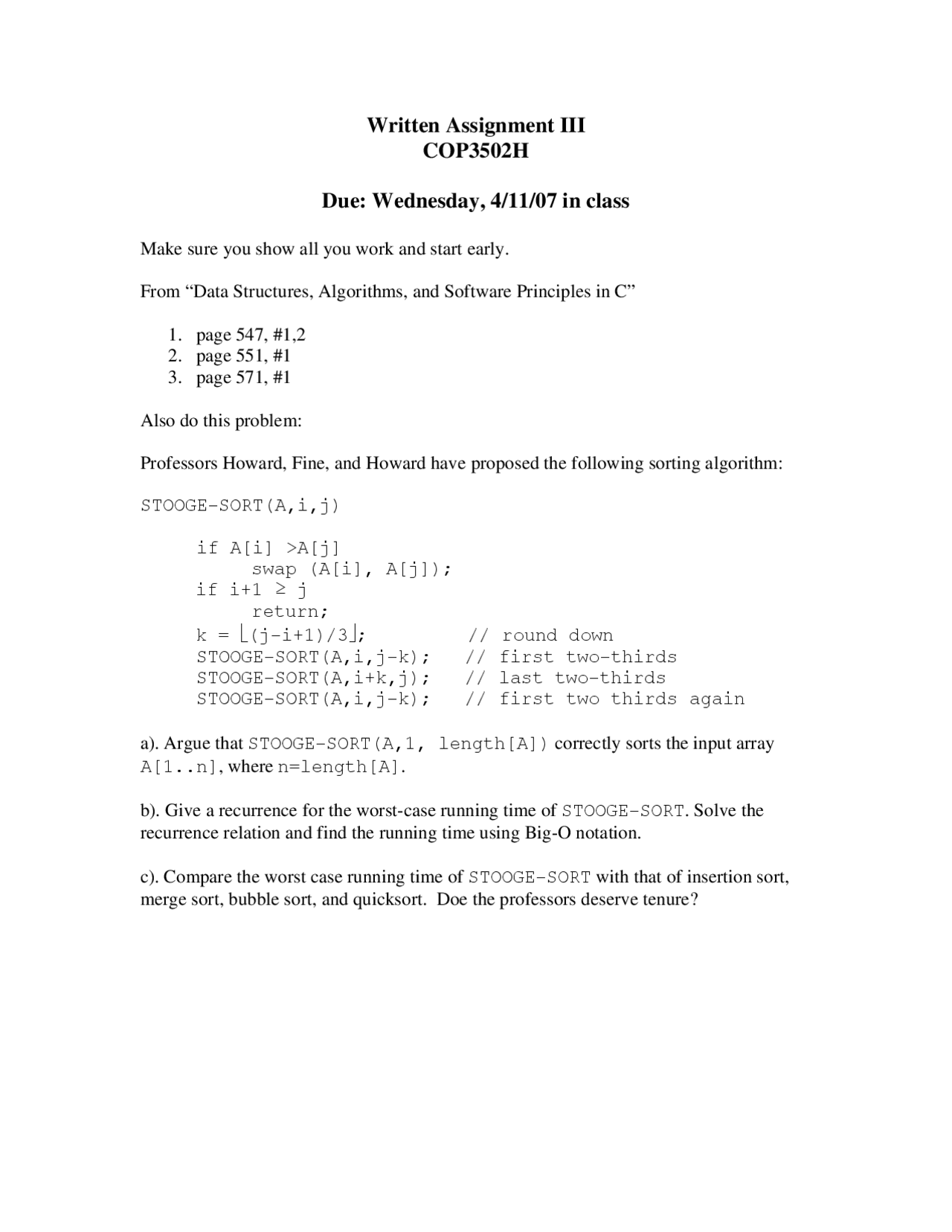 Computer Science I Written Assignment 3 2007 Cop 3502 Assignments Computer Science Docsity