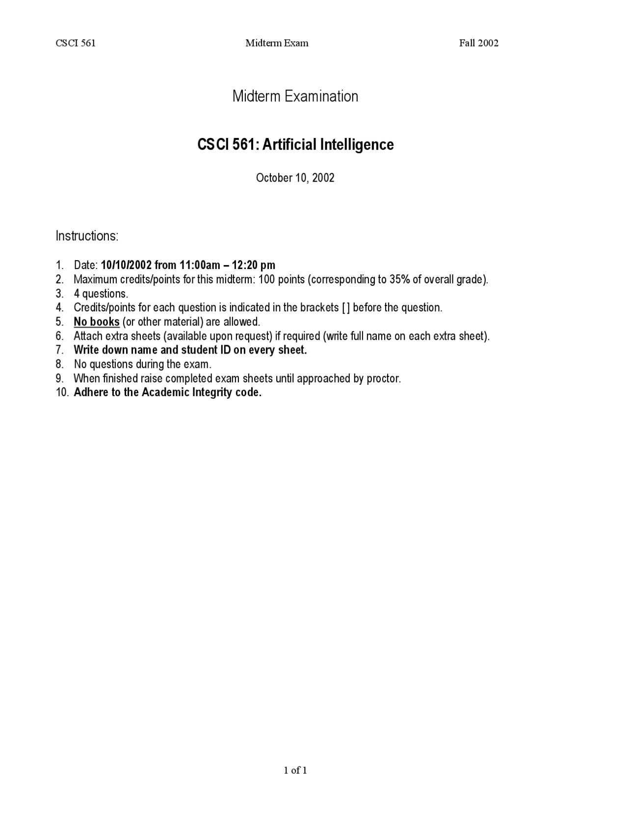 4 Questions For Midterm Exam Foundations Of Artificial Intelligence Csci 561 Docsity