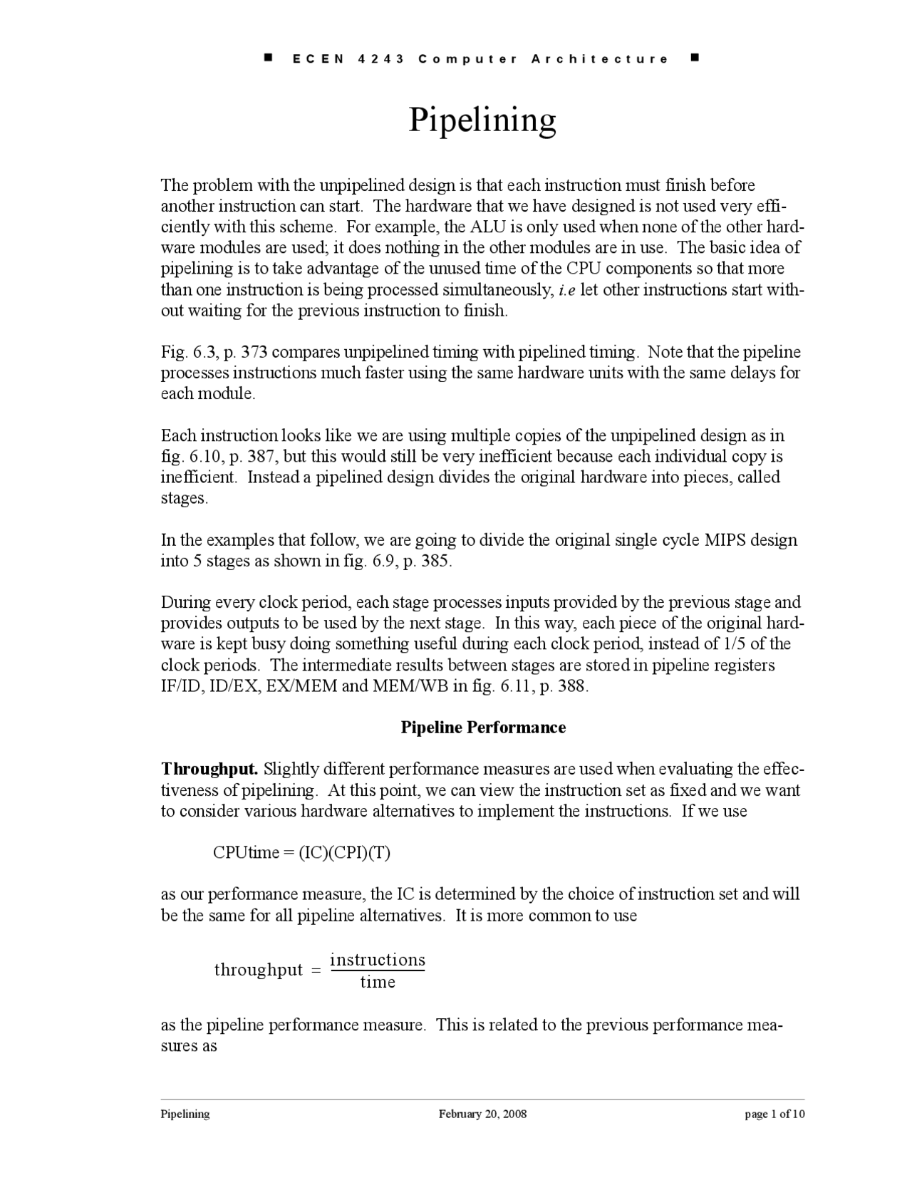 Pipelining Lecture Notes Computer Architecture Ecen 4243 Docsity