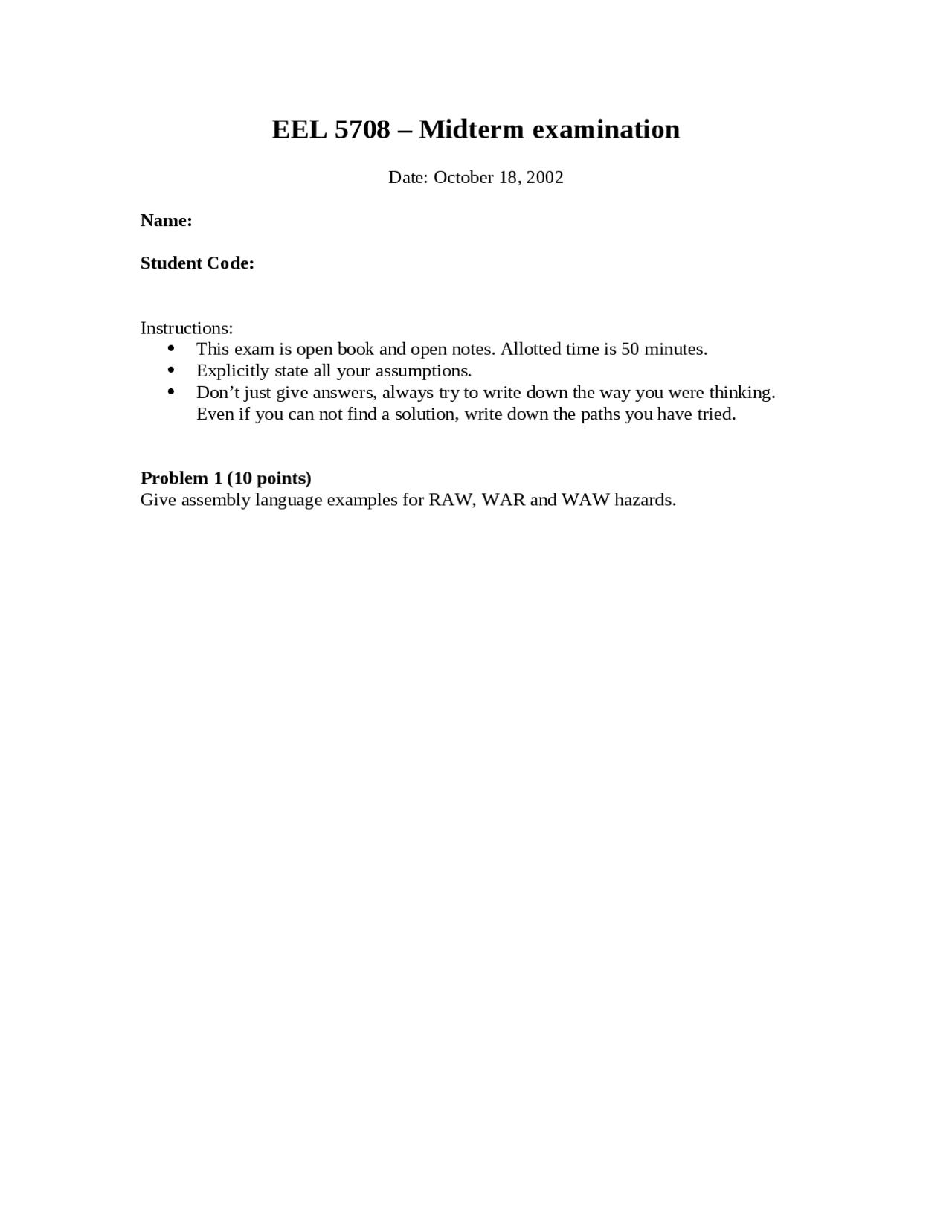 High Performance Computer Analysis Midterm Exam Fall 2002 Eel