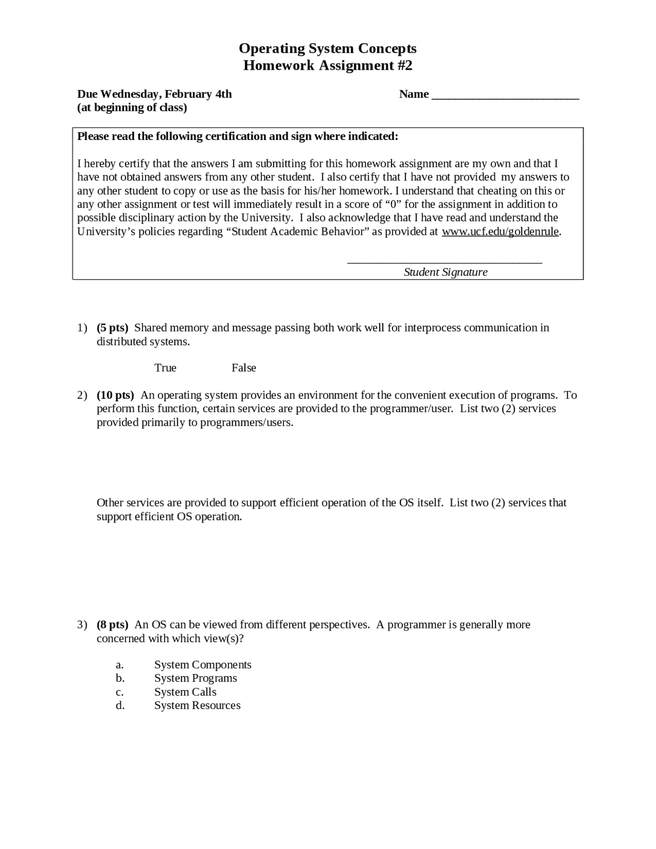 Operating System Concepts Homework 2 Cgs 3763 Docsity