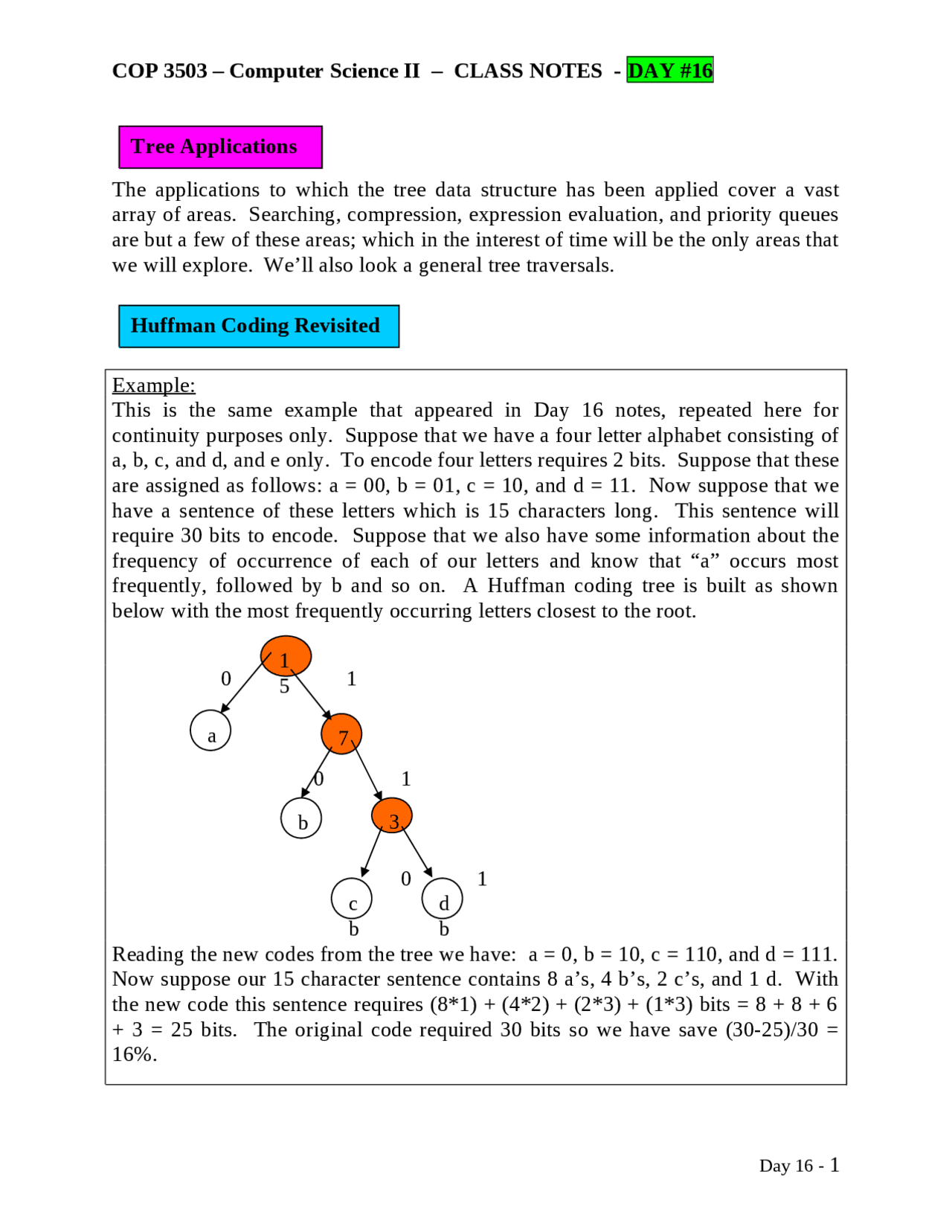 Tree Applications, Huffman Coding Revisited, Level Order Tree Traversals | COP 3503 - Docsity